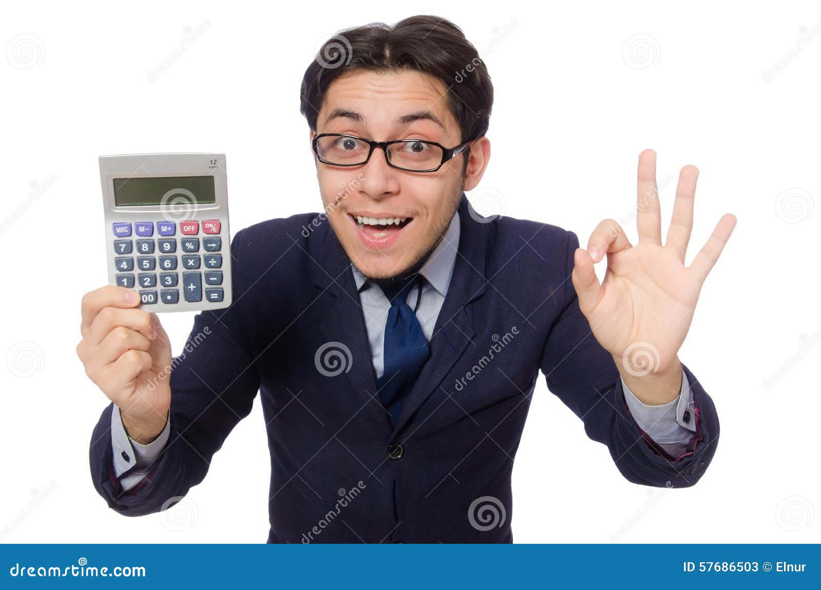 Funny Man with Calculator Isolated on White Stock Image - Image of ...