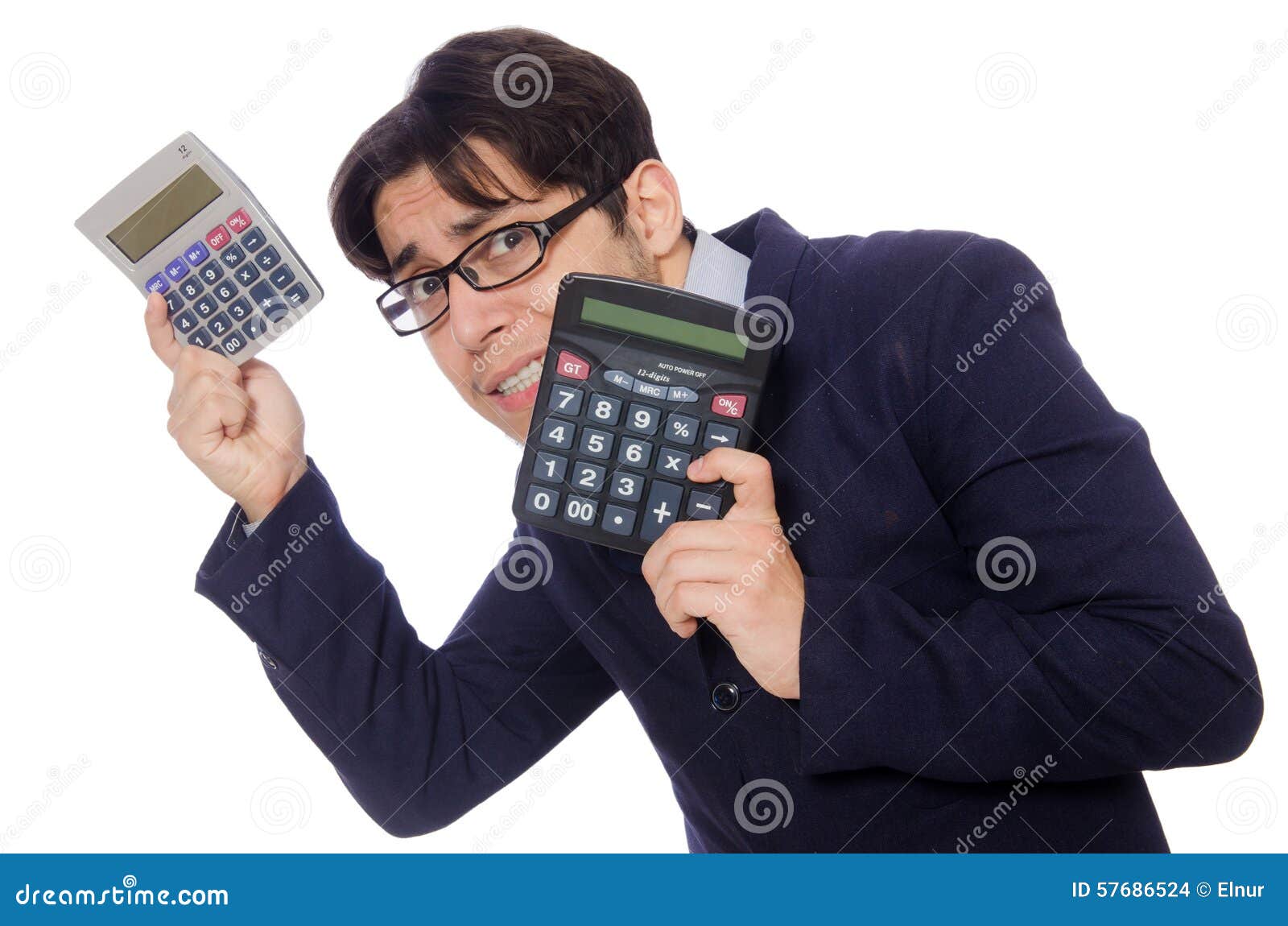 Funny Man with Calculator Isolated on White Stock Photo - Image of ...