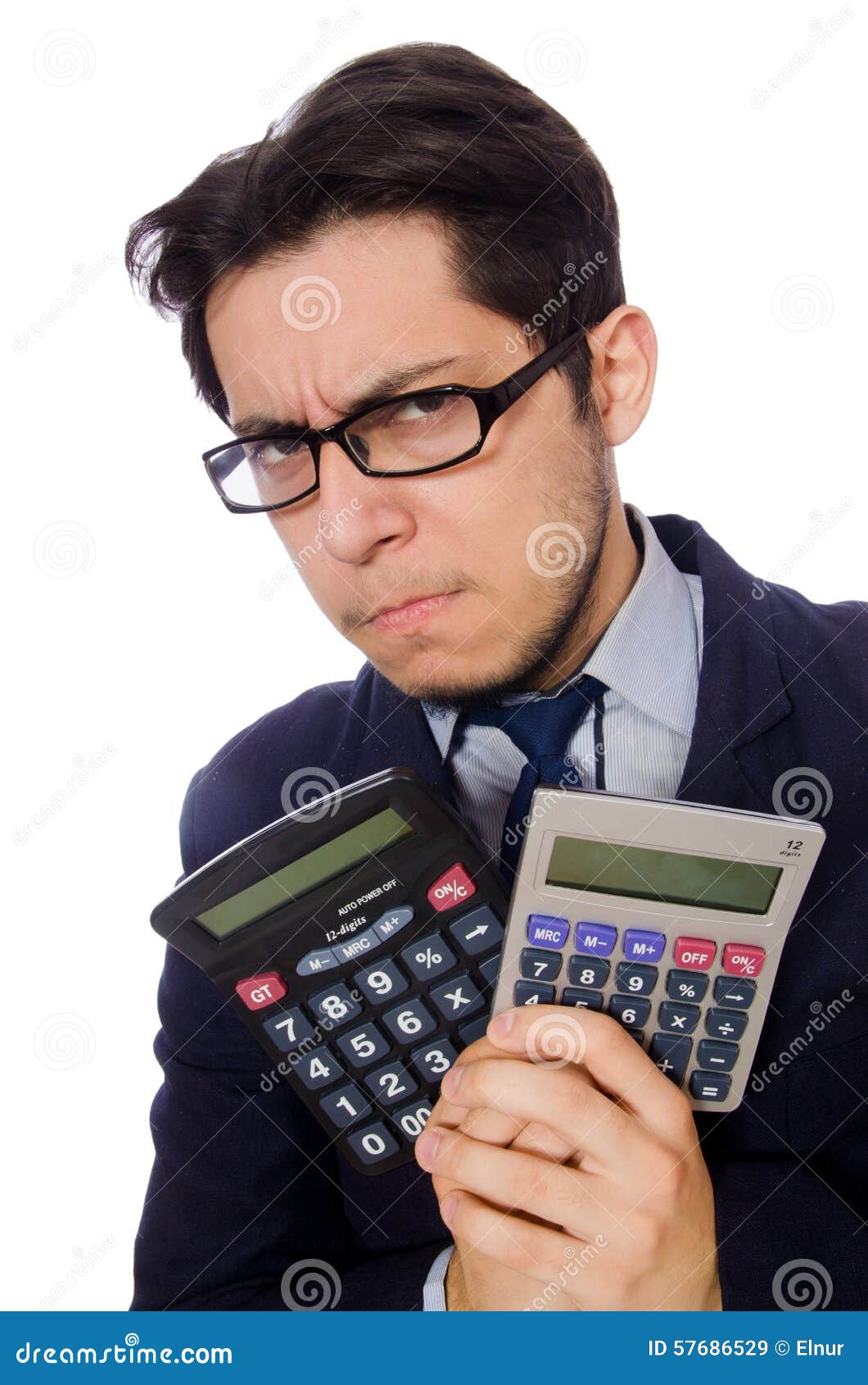 Funny Man with Calculator Isolated on White Stock Image - Image of ...