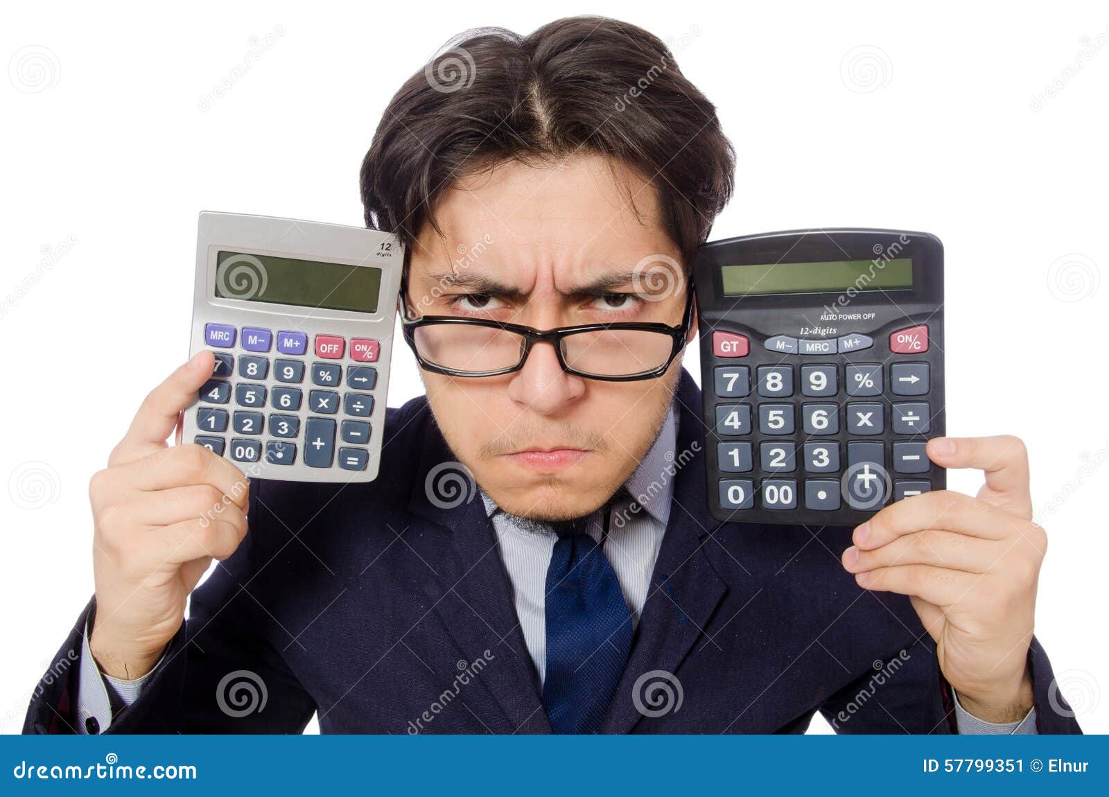 Funny Man with Calculator Isolated on White Stock Image - Image of ...