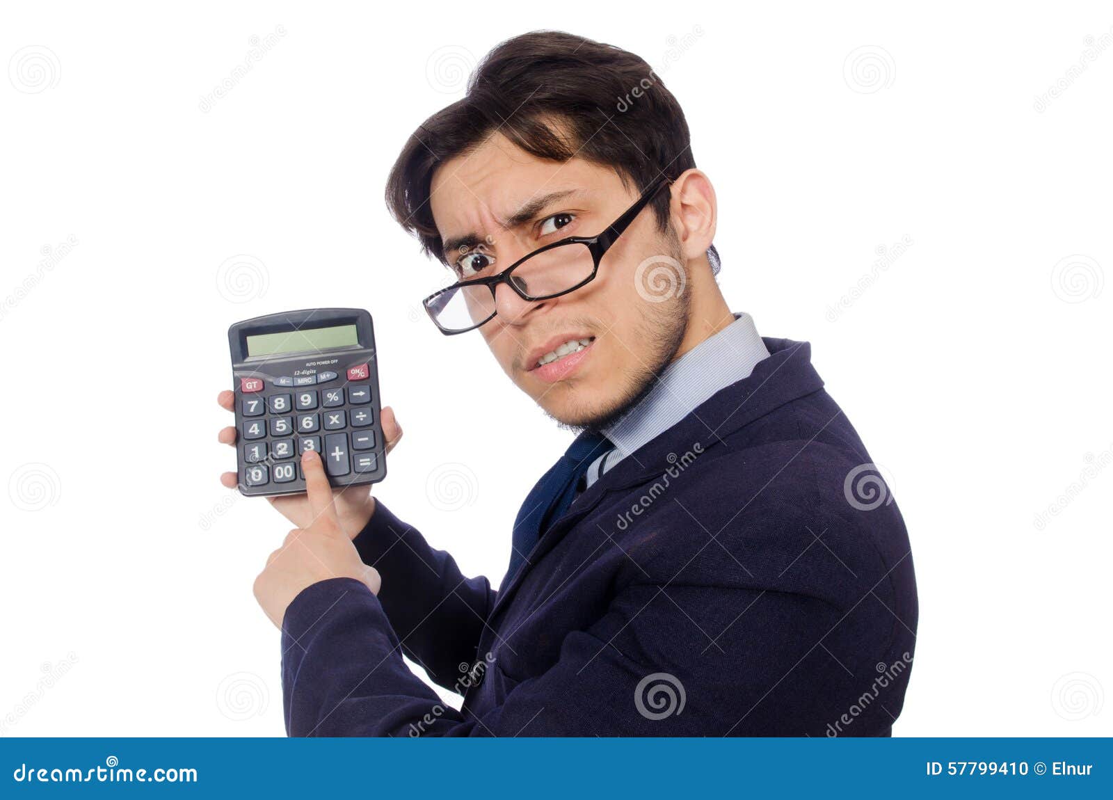 Funny Man with Calculator Isolated on White Stock Photo - Image of ...