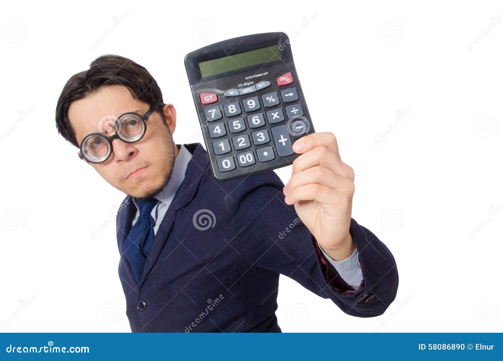 Funny Man with Calculator Isolated on White Stock Photo - Image of ...
