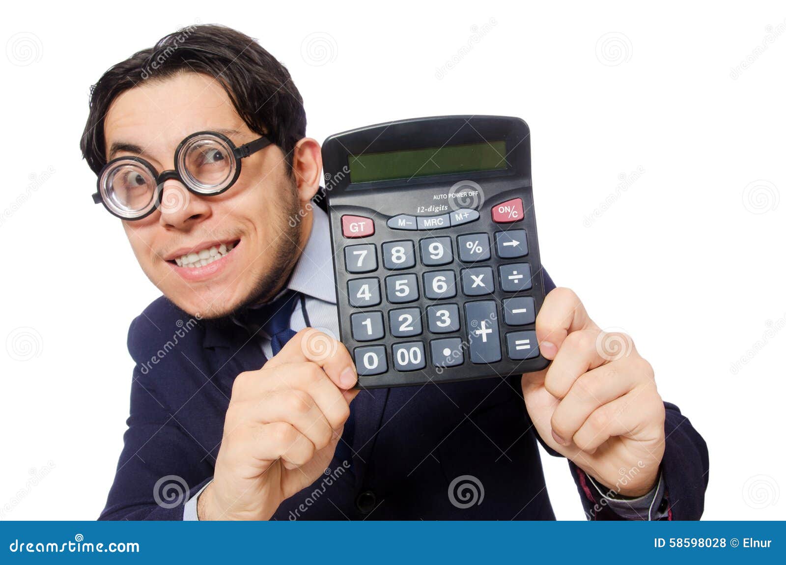 Funny Man with Calculator Isolated on White Stock Photo - Image of ...