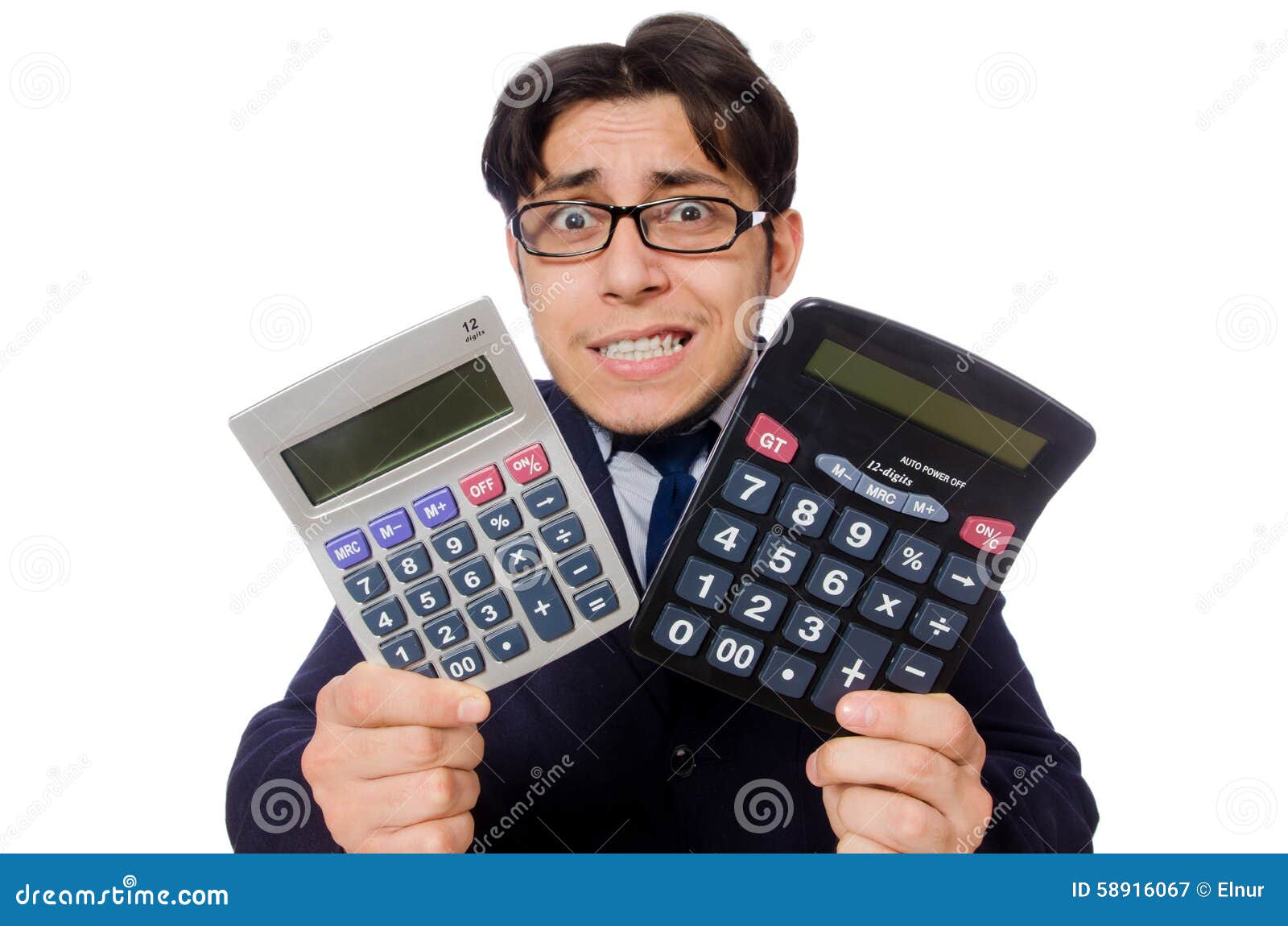 Funny Man with Calculator Isolated on White Stock Image - Image of ...