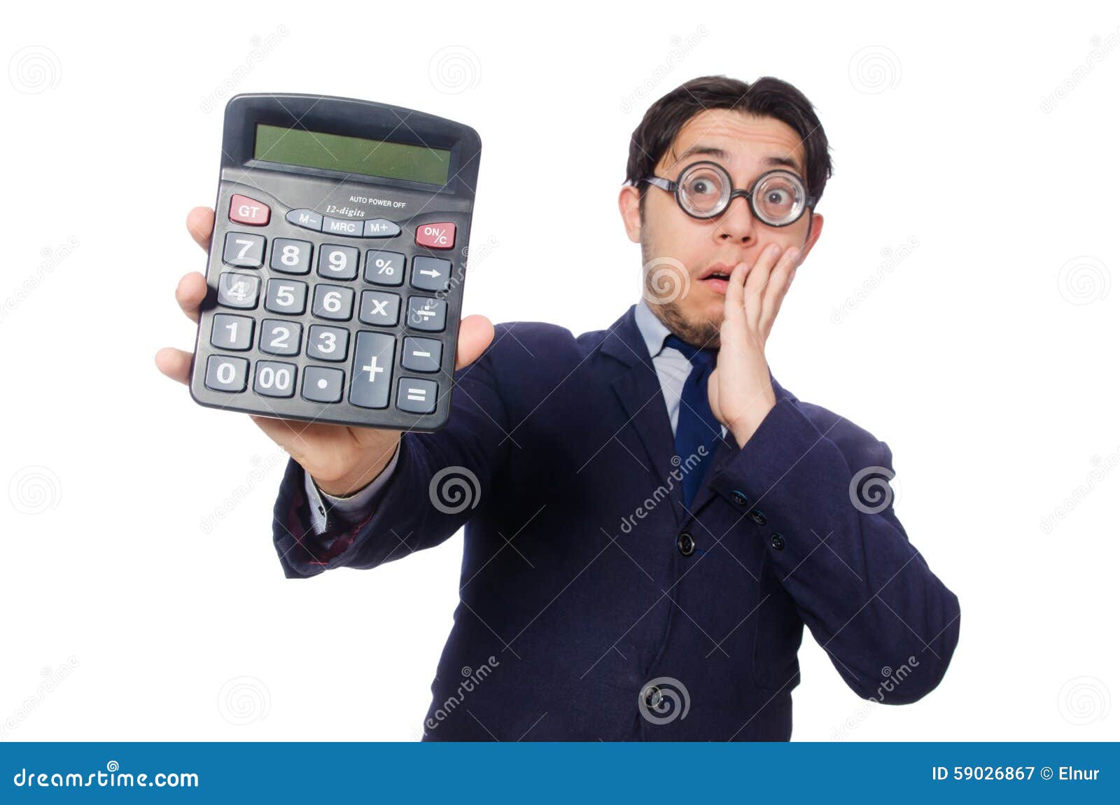 Funny Man with Calculator Isolated on White Stock Image - Image of ...