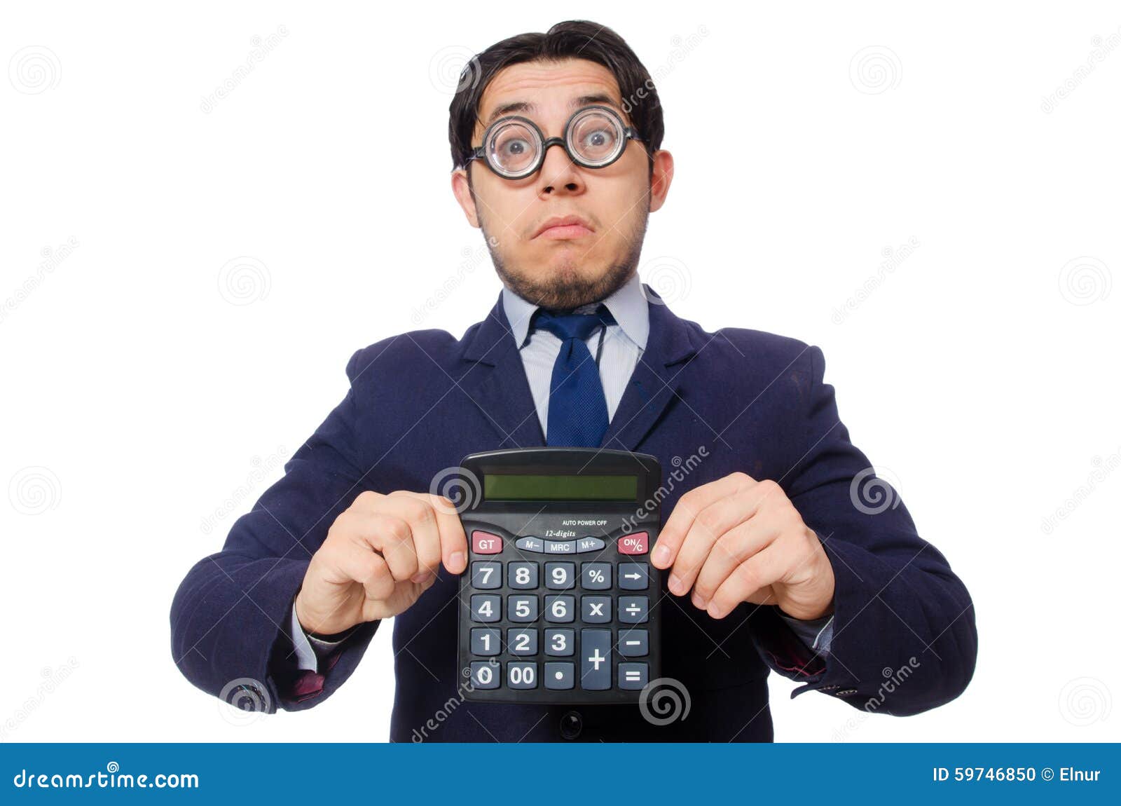 Funny Man with Calculator Isolated on White Stock Photo - Image of ...