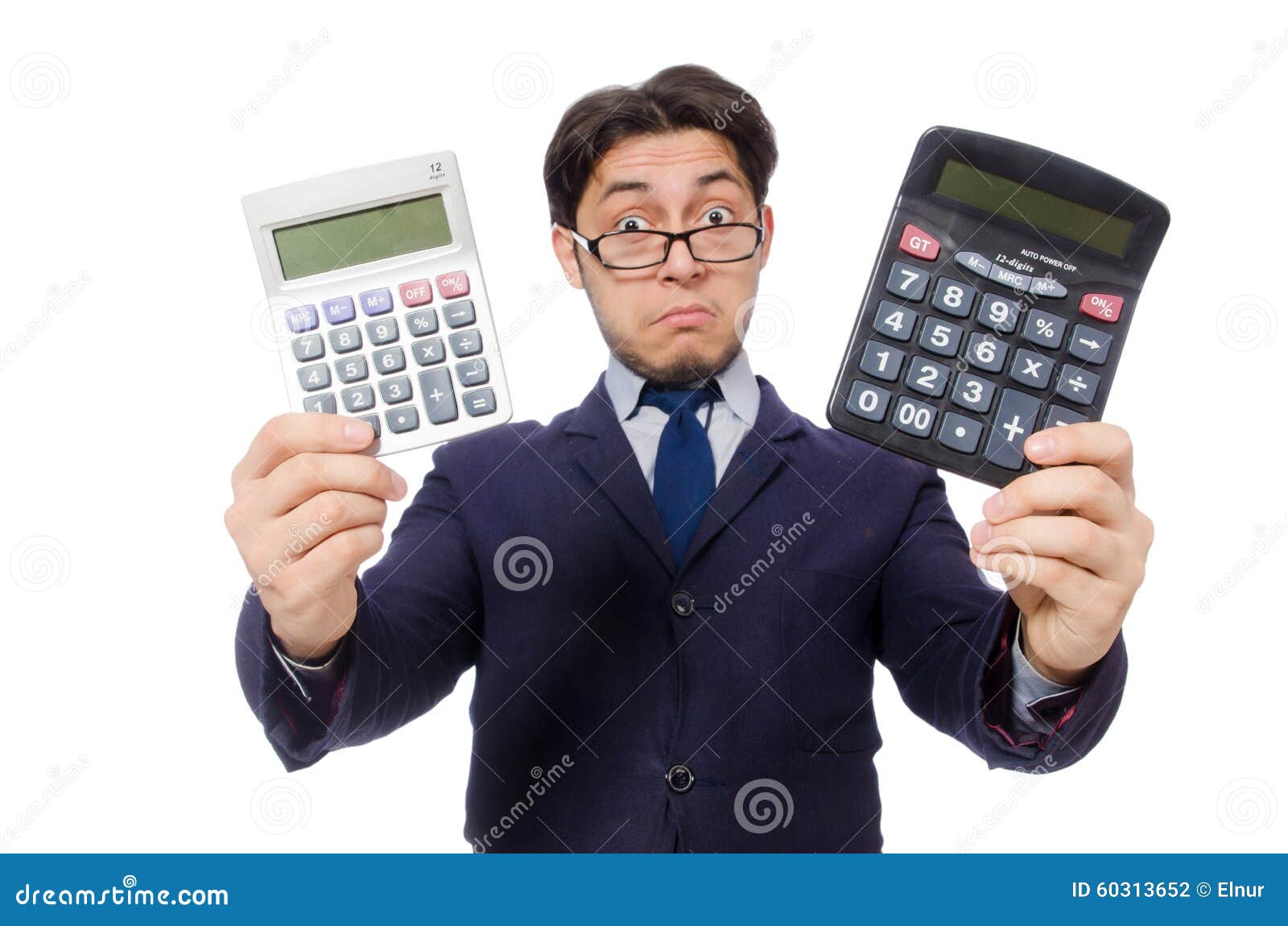Funny Man with Calculator Isolated on White Stock Photo - Image of ...