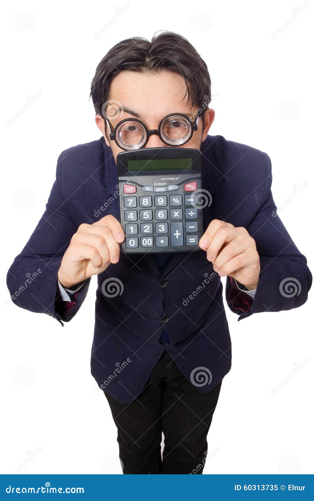 Funny Man with Calculator Isolated on White Stock Image - Image of ...