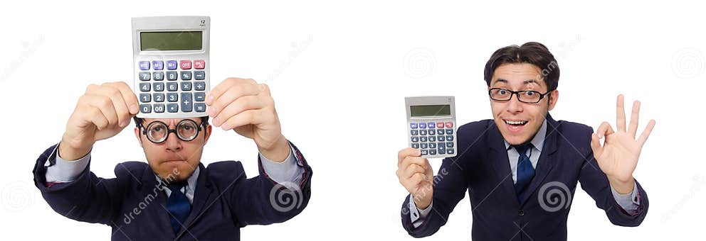 The Funny Man with Calculator Isolated on White Stock Image - Image of ...