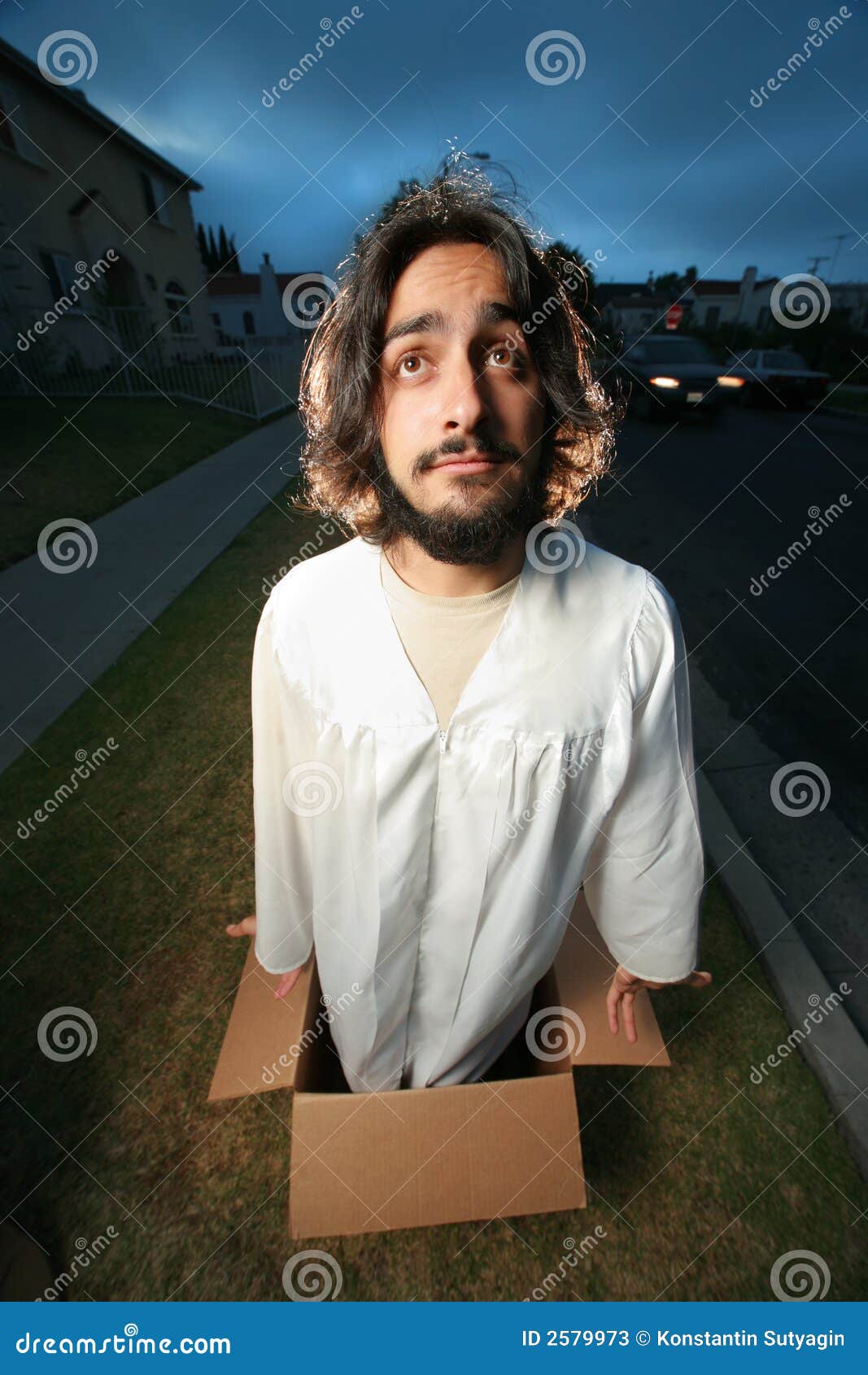Funny Man Coming Out Ofthe Box Stock Image - Image of long, hair: 2579973