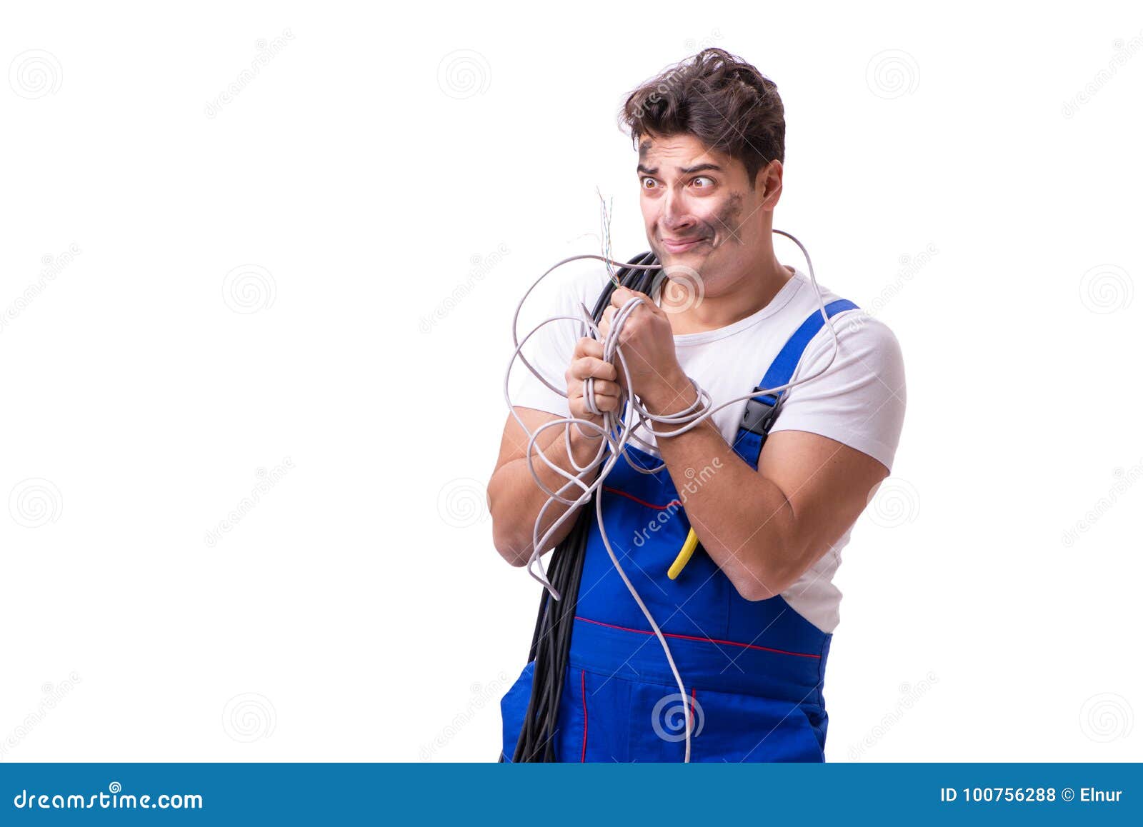 The Funny Man Doing Electrical Repair Stock Photo - Image of shock ...
