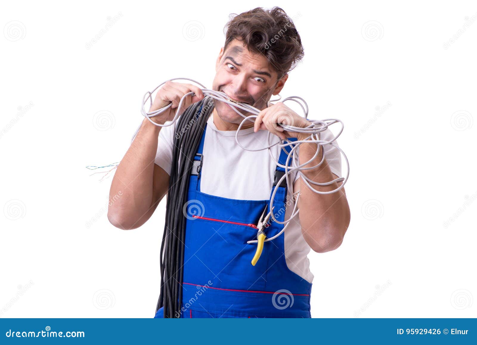 The Funny Man Doing Electrical Repair Stock Photo - Image of face ...