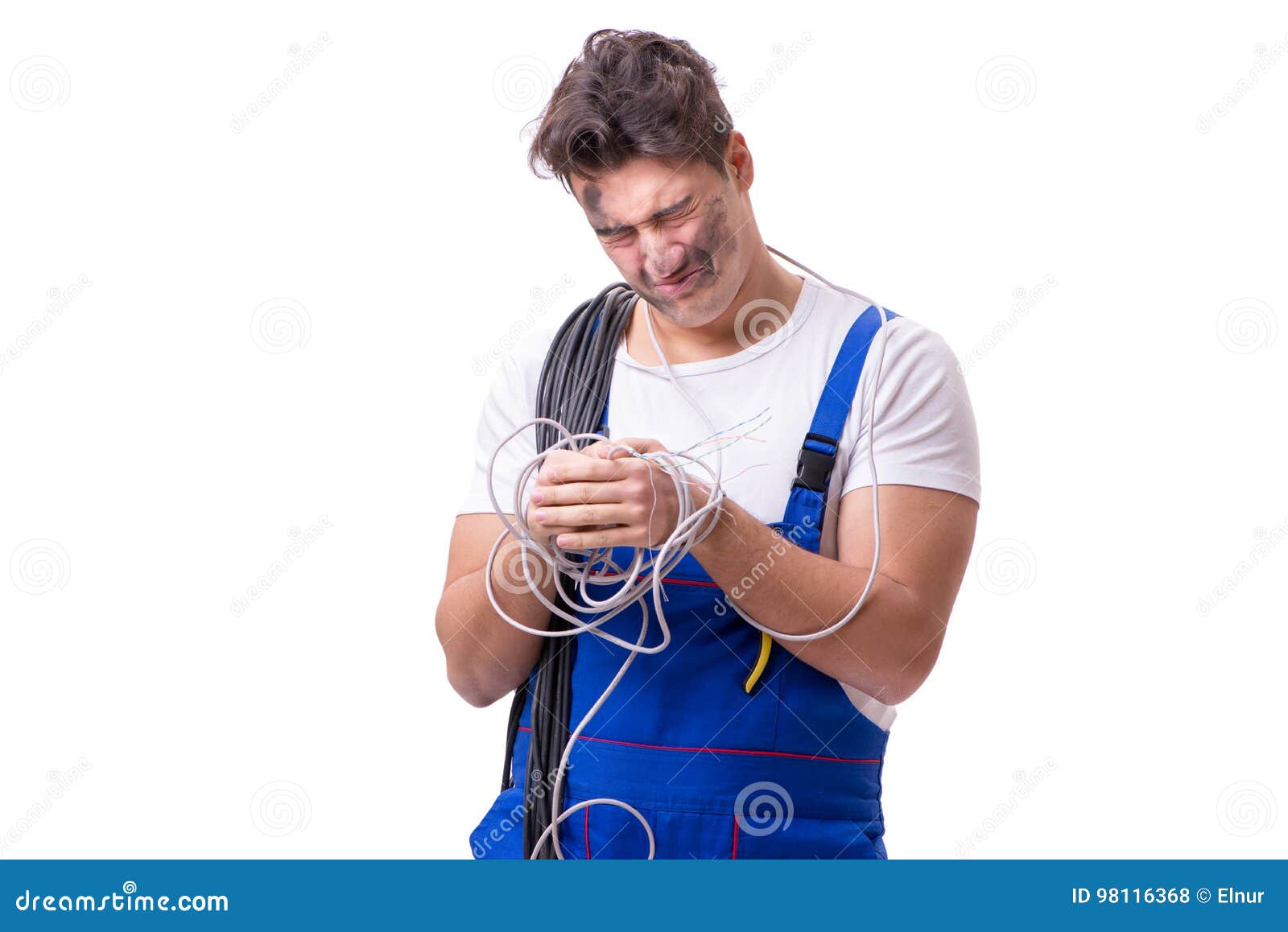 The Funny Man Doing Electrical Repair Stock Photo - Image of scared ...