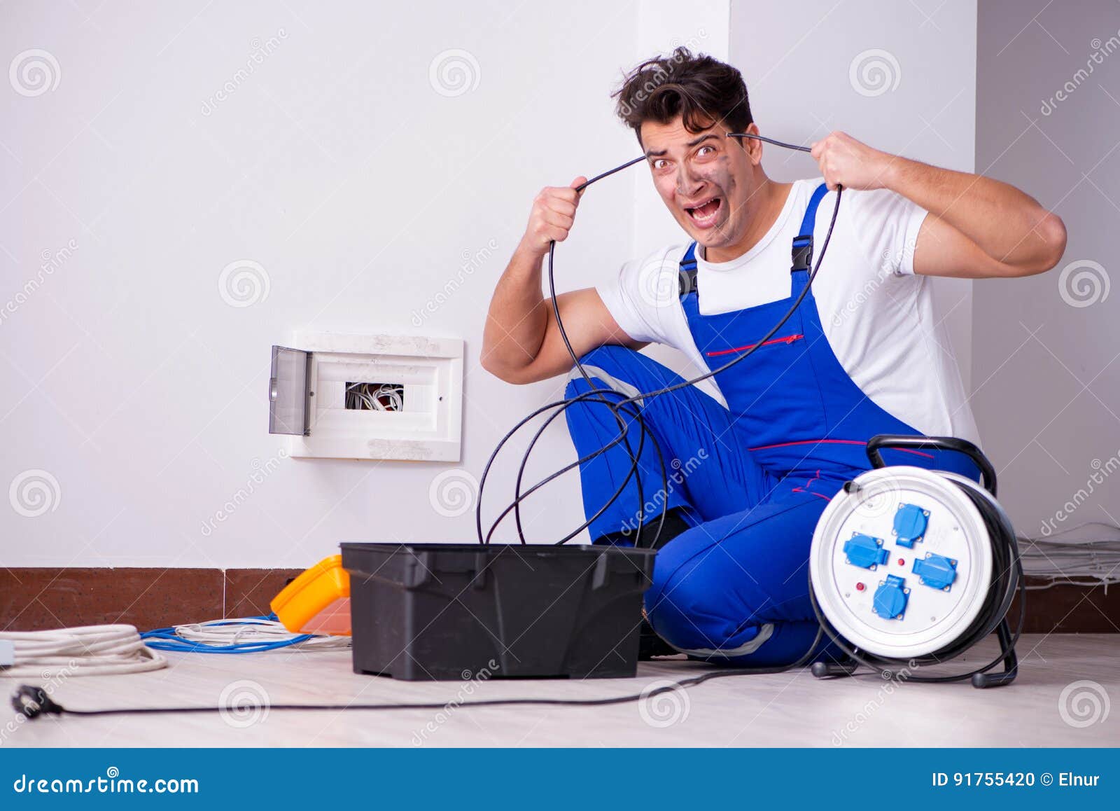 The Funny Man Doing Electrical Repairs at Home Stock Photo - Image of ...