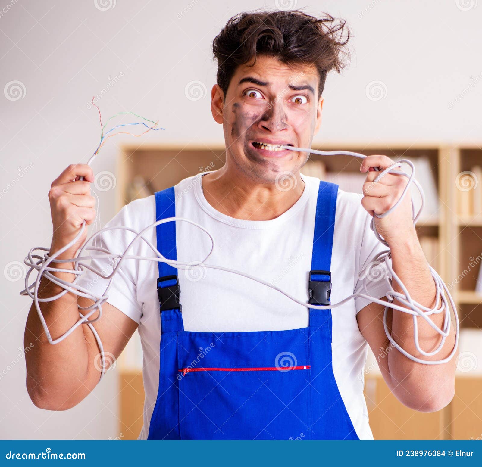 Funny Man Doing Electrical Repairs at Home Stock Photo - Image of cable ...