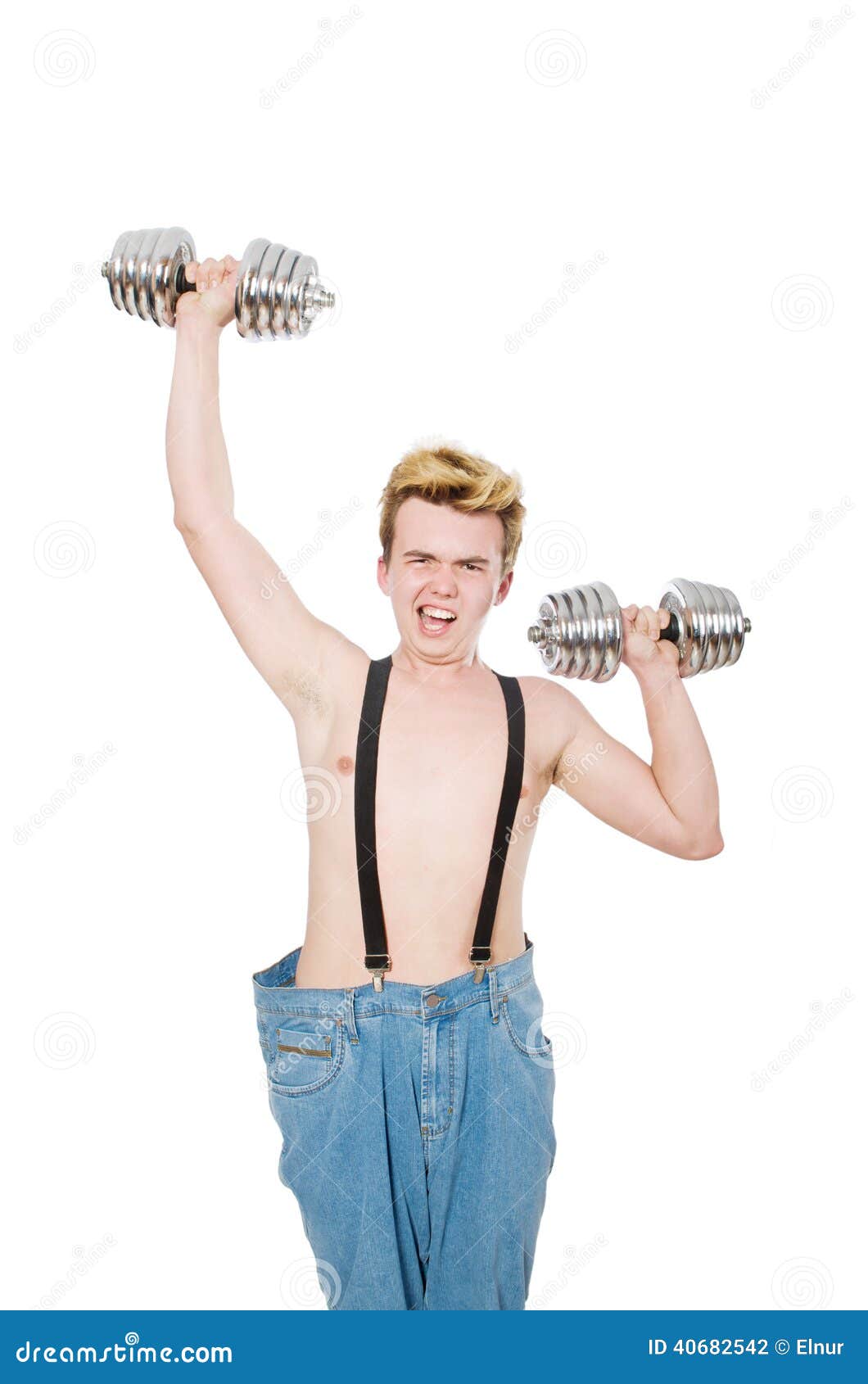 Funny man with dumbbells stock photo. Image of humor - 40682542