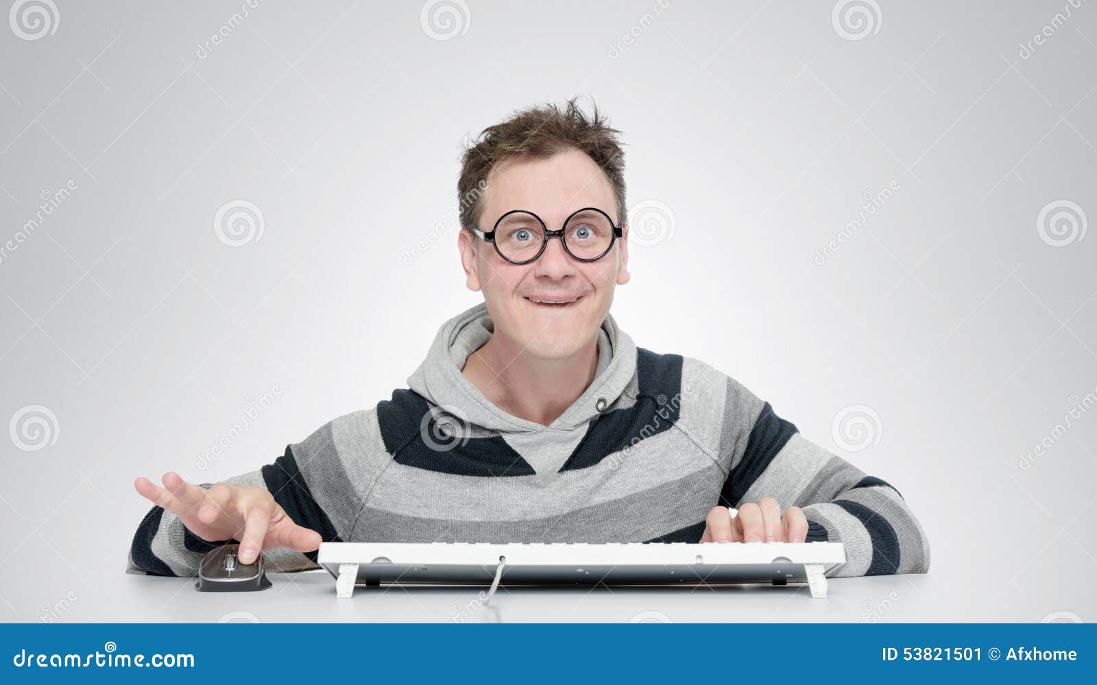 Funny Man in Glasses with a Keyboard in Front of Computer Stock Image ...
