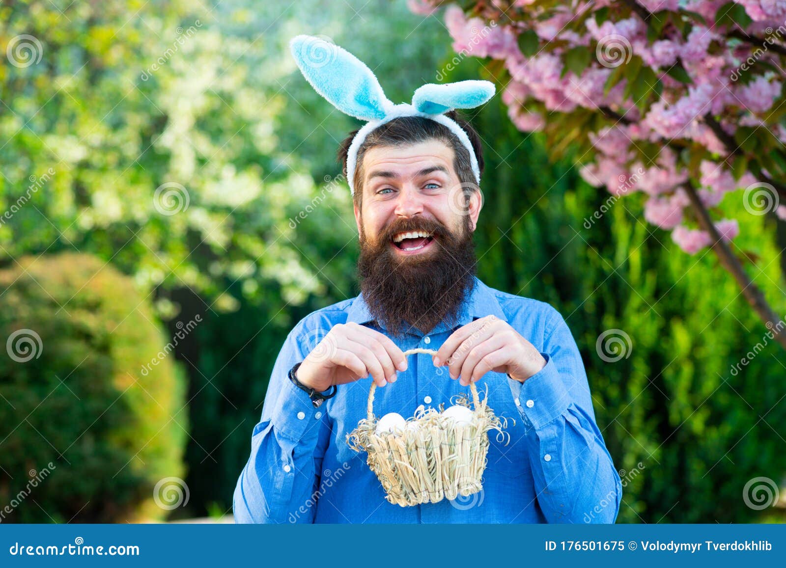 Funny Man Hunting Easter Eggs. Portrait of Easter Man Holds Basket with ...