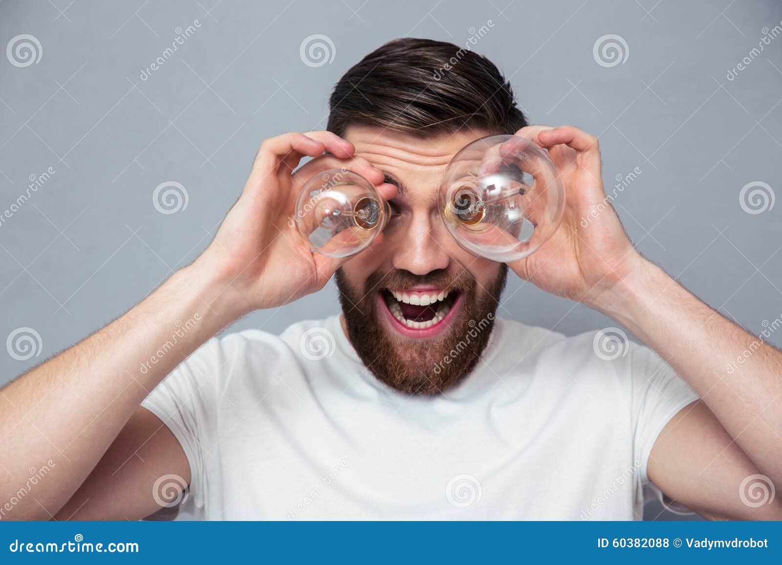 Funny Man Looking at Camera through Bulb Stock Photo - Image of gray ...