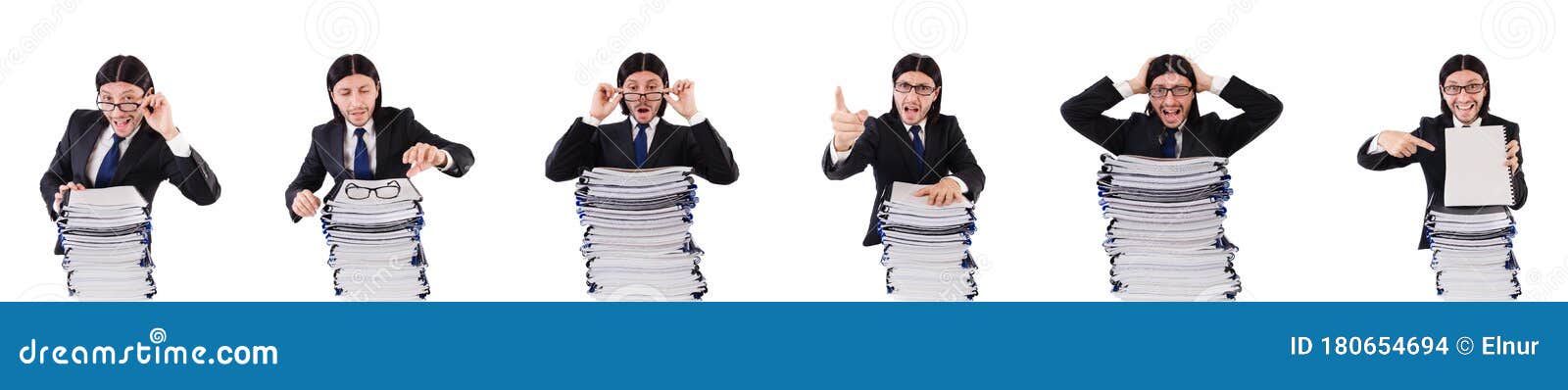 Funny Man with Lots of Papers on White Stock Photo - Image of montage ...