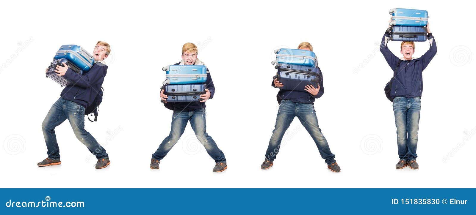 Funny Man with Luggage on White Stock Photo - Image of packing, heavy ...