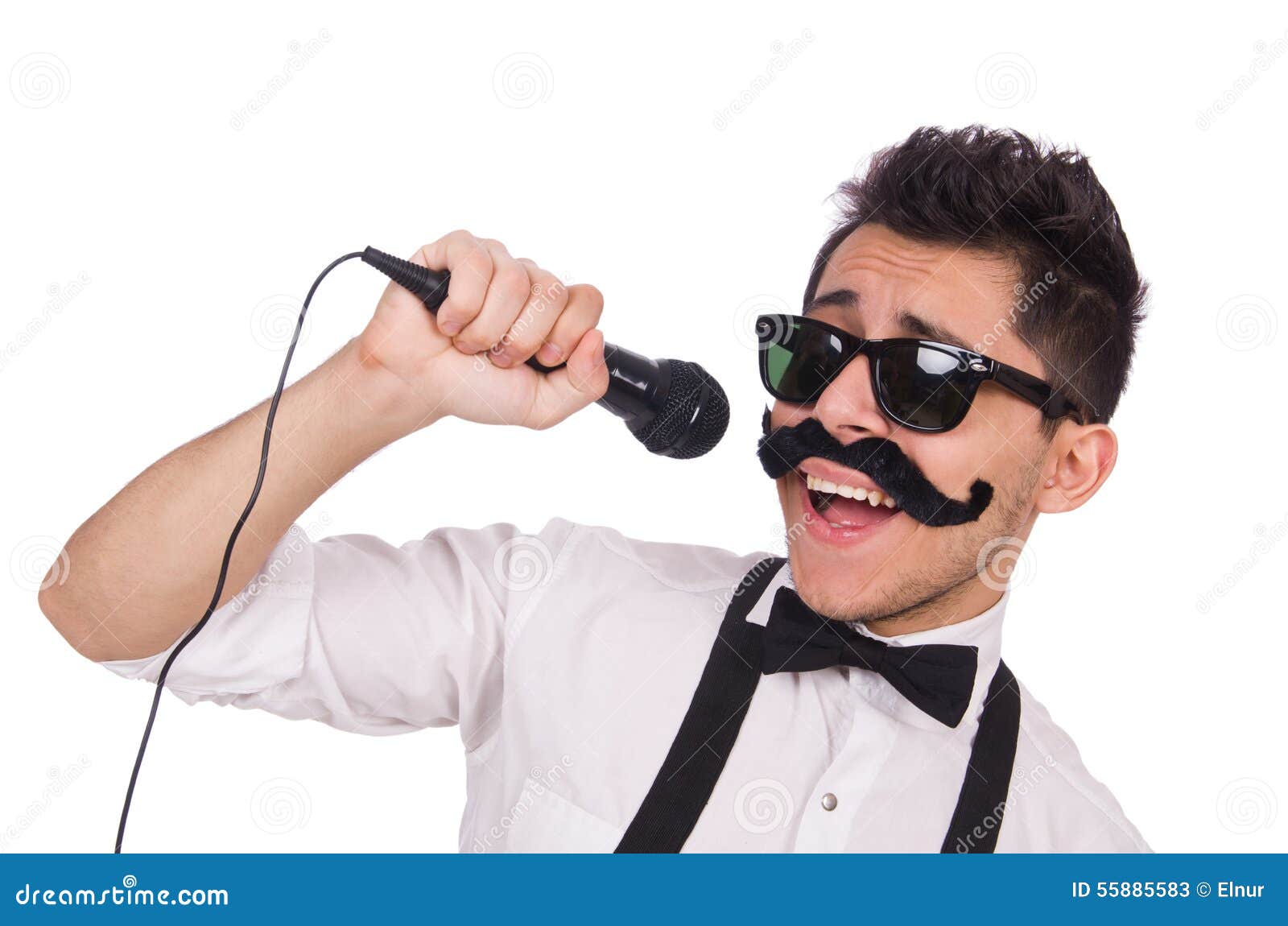 Funny Man with Mic Isolated on White Stock Image - Image of party ...