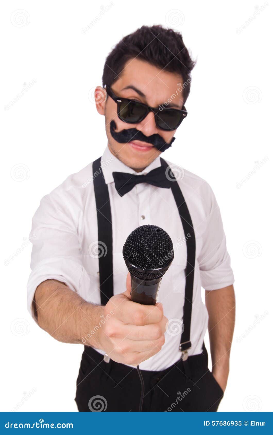 Funny Man with Mic Isolated on White Stock Image - Image of macho ...