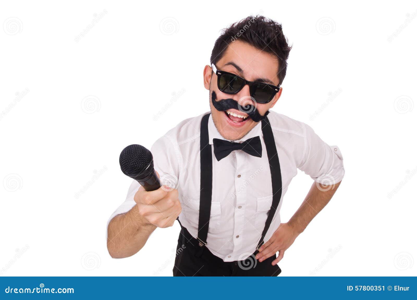 Funny Man with Mic Isolated on White Stock Image - Image of moustache ...