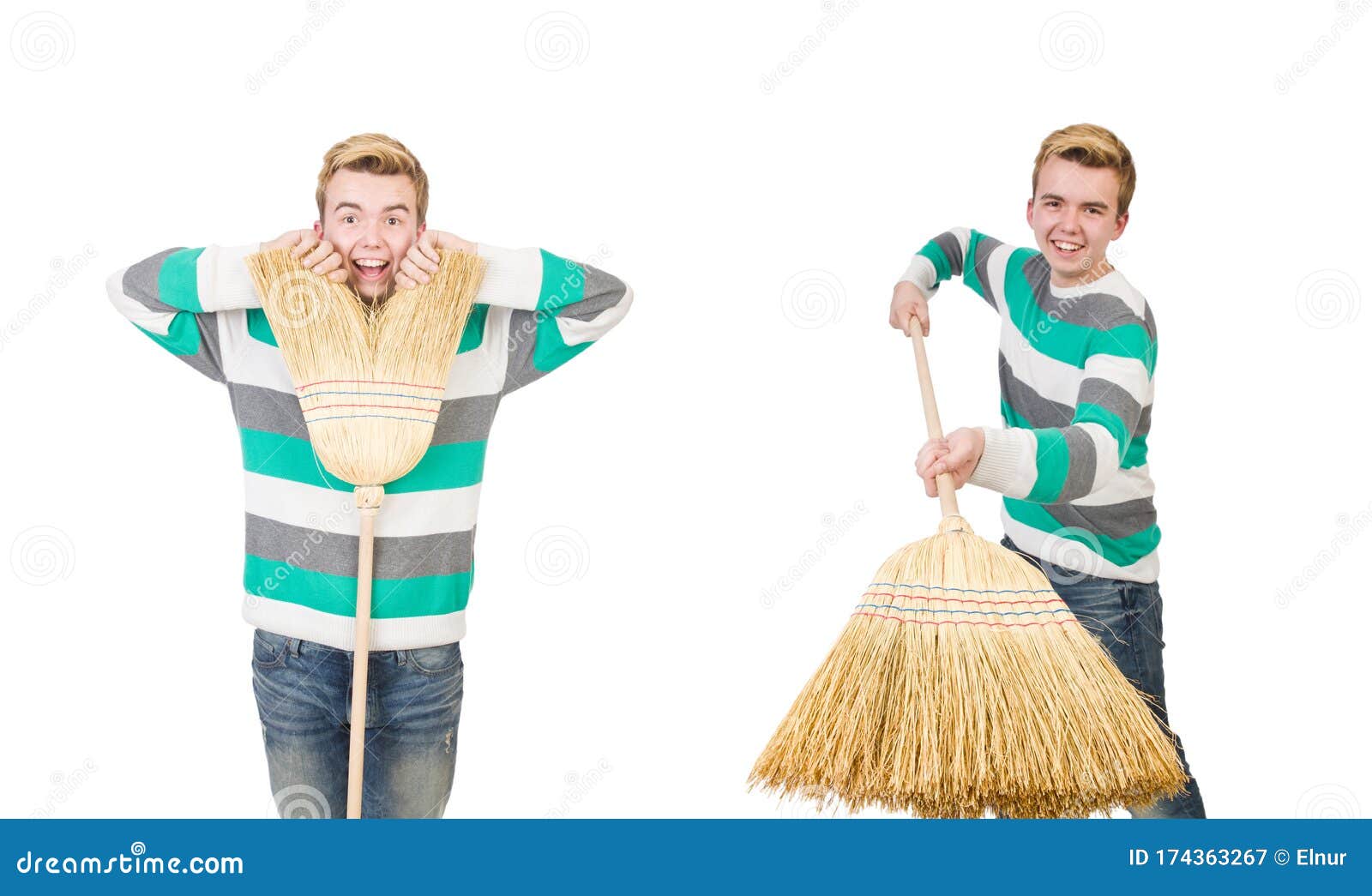 Funny Man with Mop Isolated on White Stock Image - Image of ...