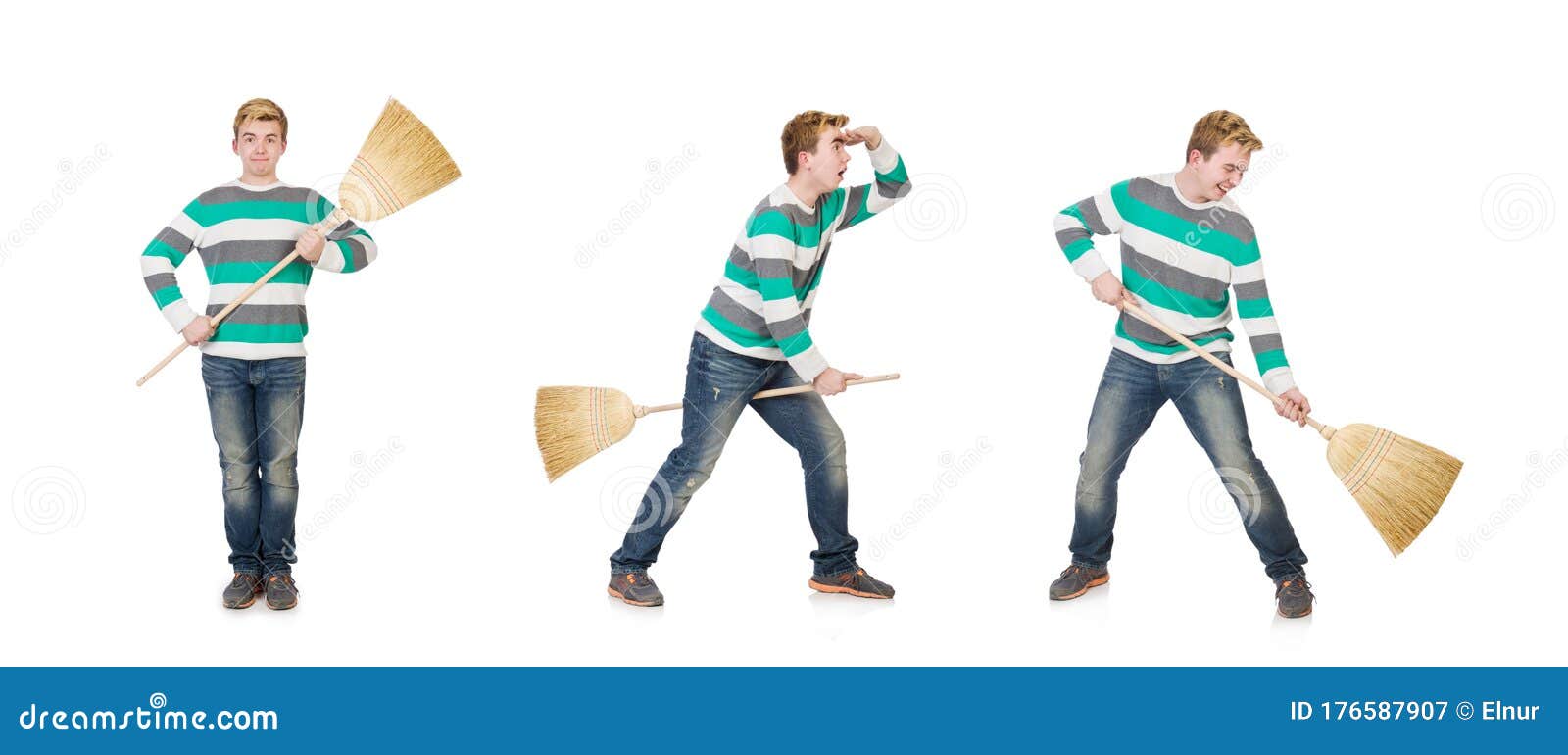 Funny Man with Mop Isolated on White Stock Image - Image of cleaning ...