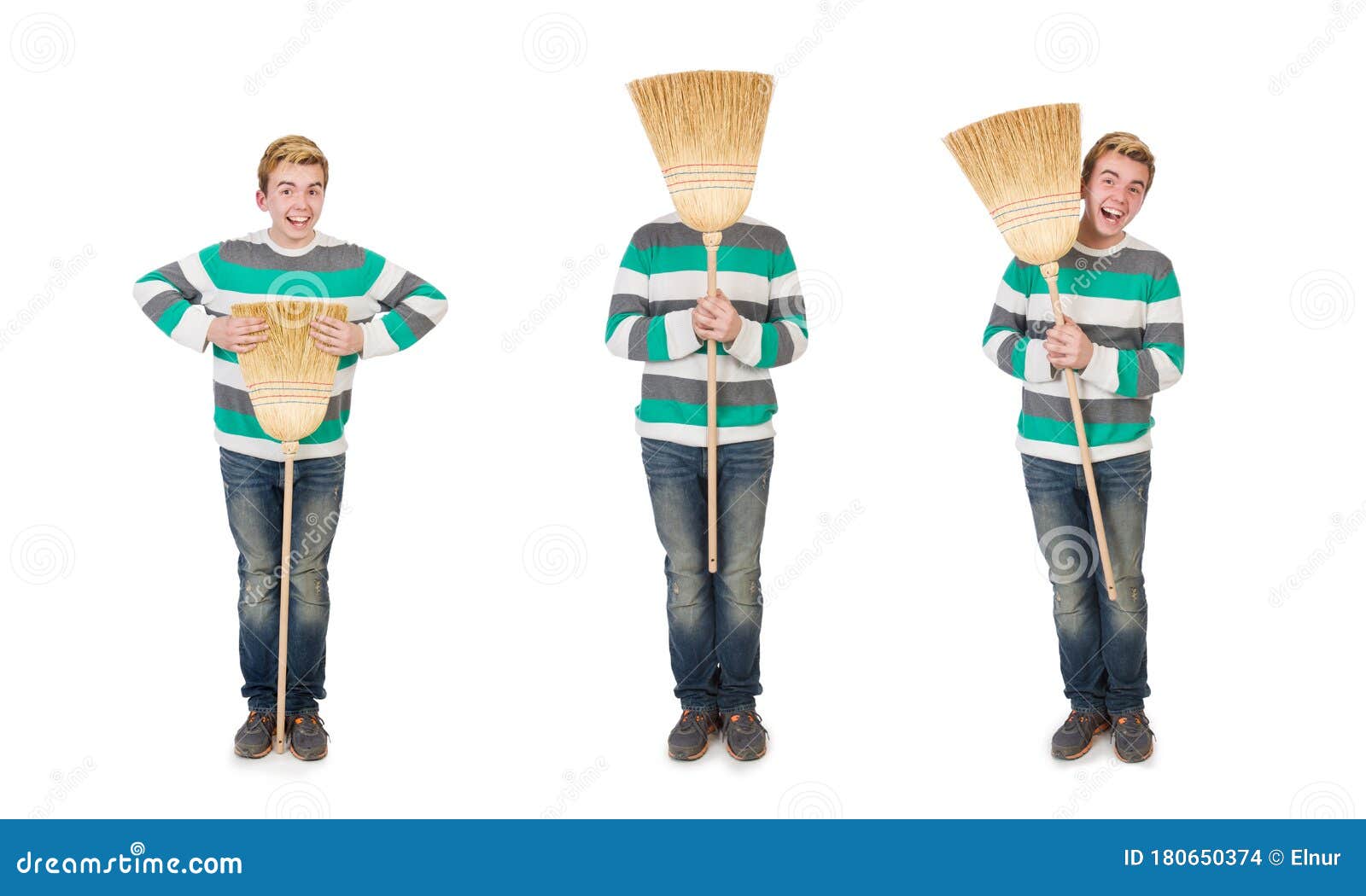 Funny Man with Mop Isolated on White Stock Photo - Image of humor, male ...