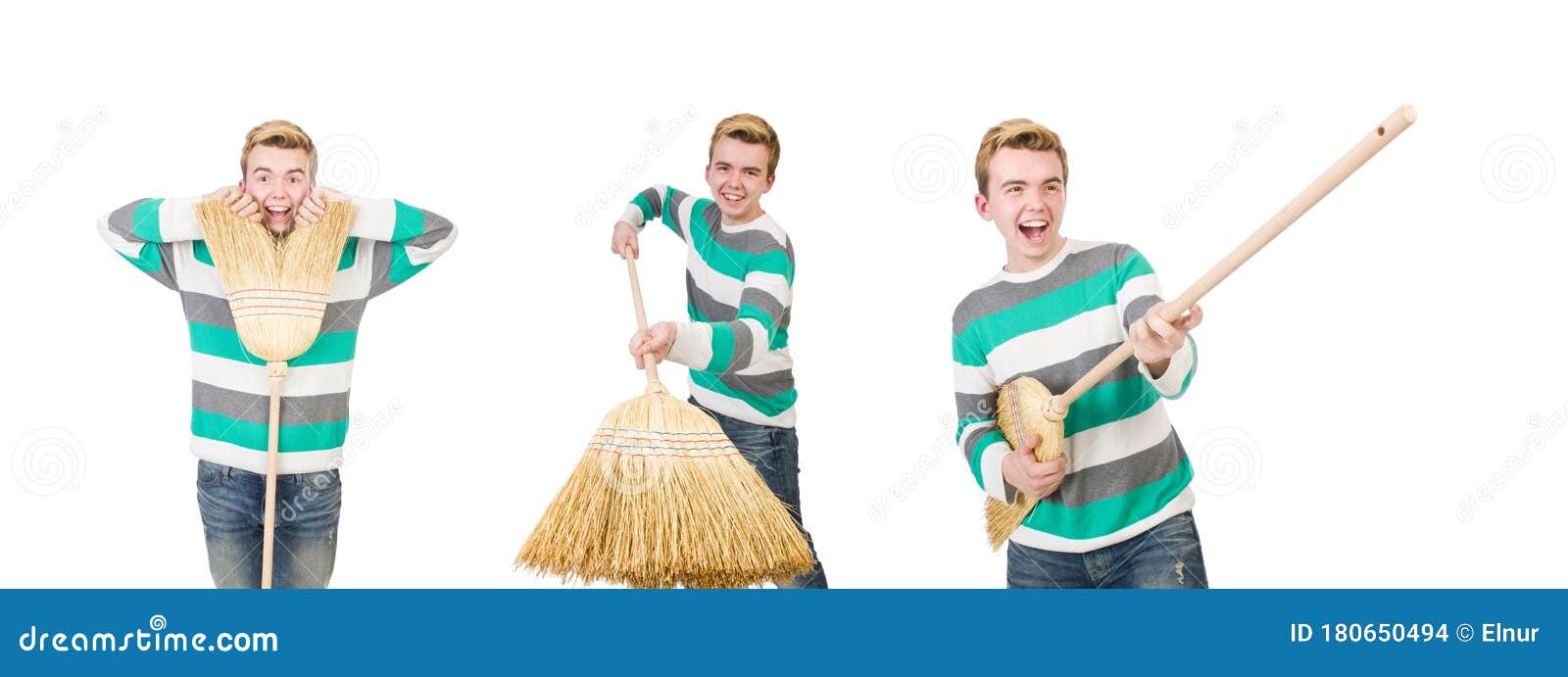 Funny Man with Mop Isolated on White Stock Photo - Image of humor ...