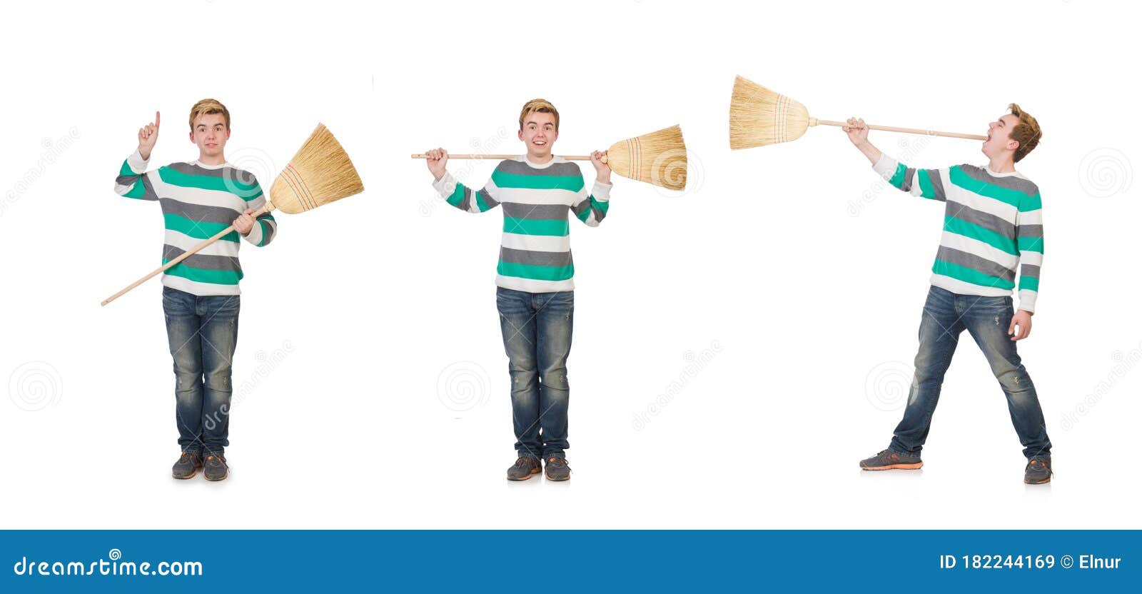 Funny Man with Mop Isolated on White Stock Image - Image of cheerful ...