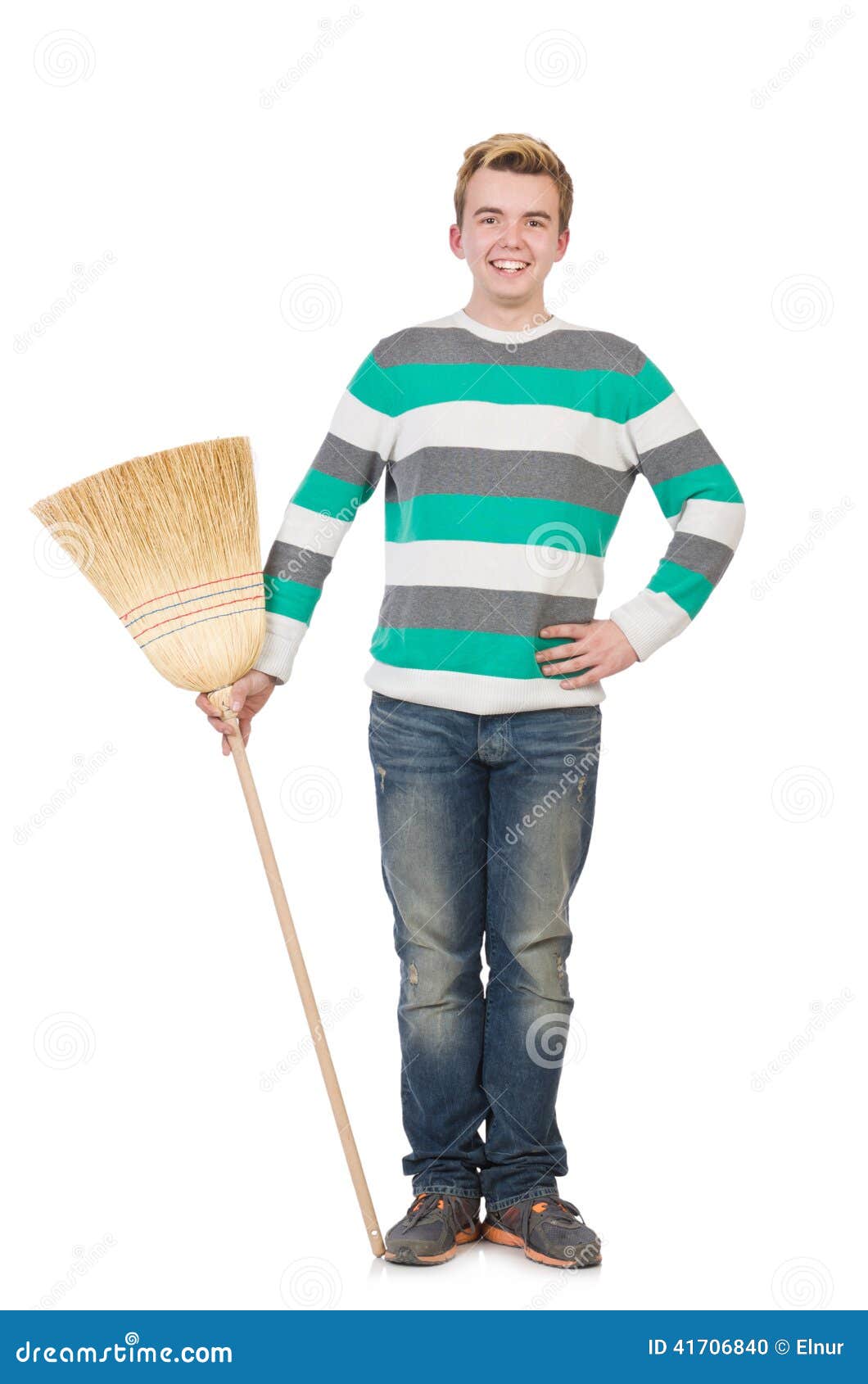 Funny Man with Mop Isolated Stock Photo - Image of humorous, cleaning ...