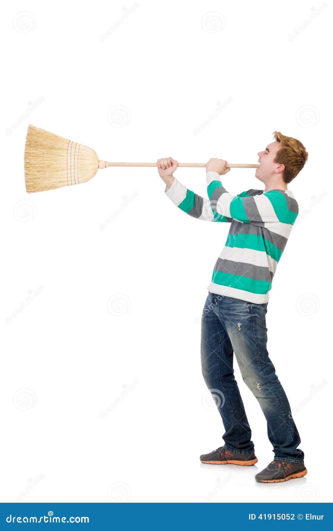 Funny Man with Mop Isolated Stock Photo - Image of cleaner, funny: 41915052