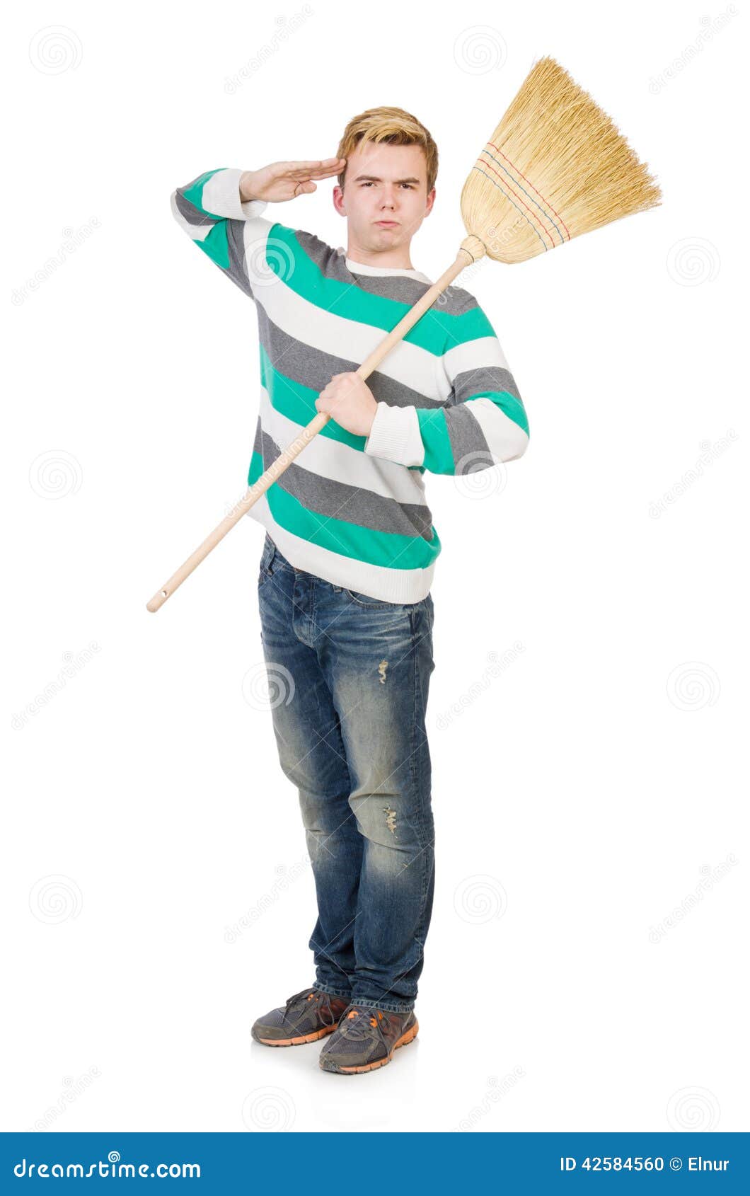 Funny Man with Mop Isolated Stock Photo - Image of cheerful, clean ...