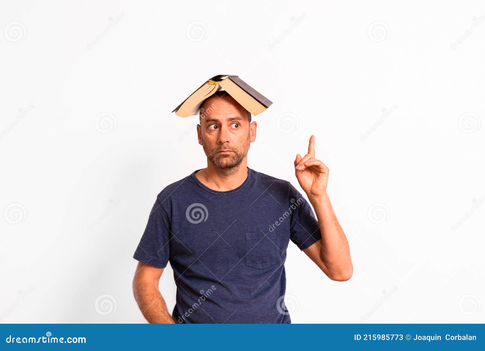 Funny Man with an Open Book on His Head Thinks and Has Ideas Stock ...