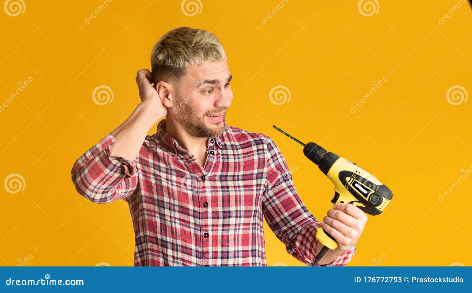 Man Scratches His Head and Looks at Drill Stock Image - Image of ...
