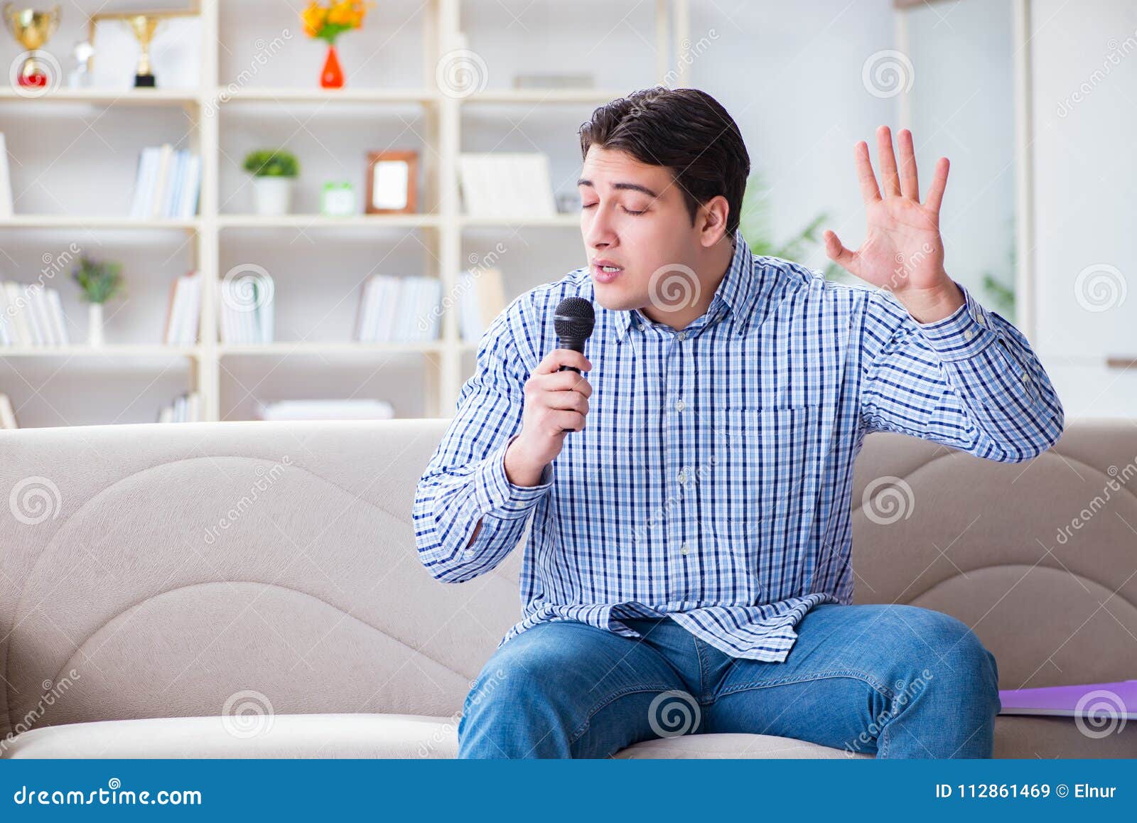 The Funny Man Singing Songs in Karaoke at Home Stock Image - Image of ...
