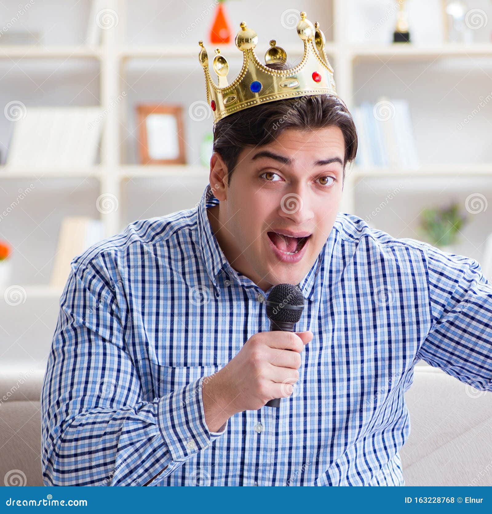Funny Man Singing Songs in Karaoke at Home Stock Photo - Image of music ...