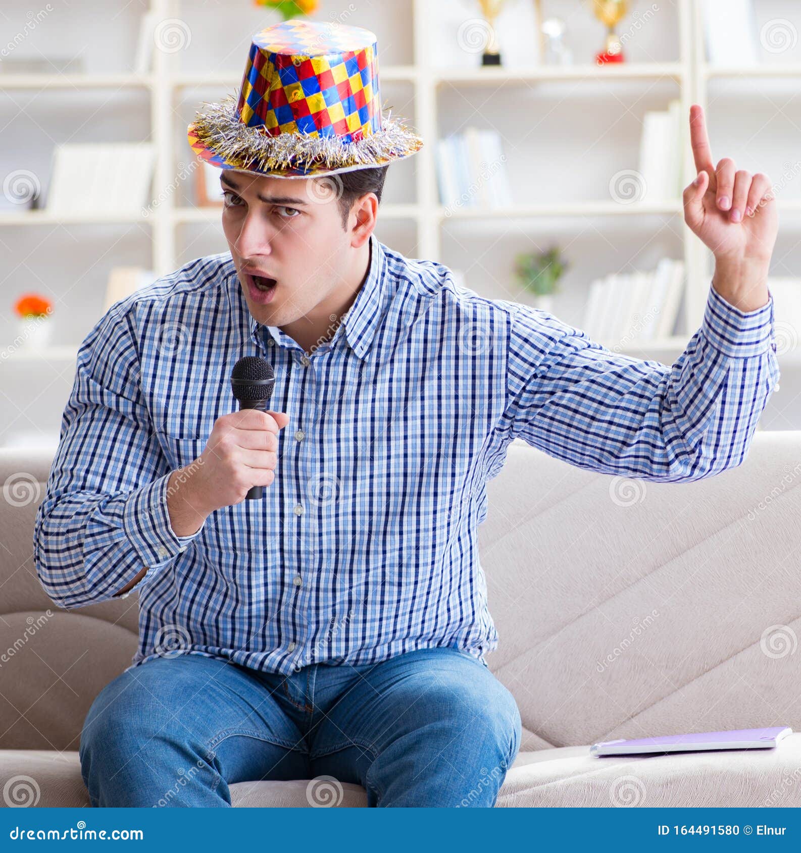 Funny Man Singing Songs in Karaoke at Home Stock Photo - Image of ...