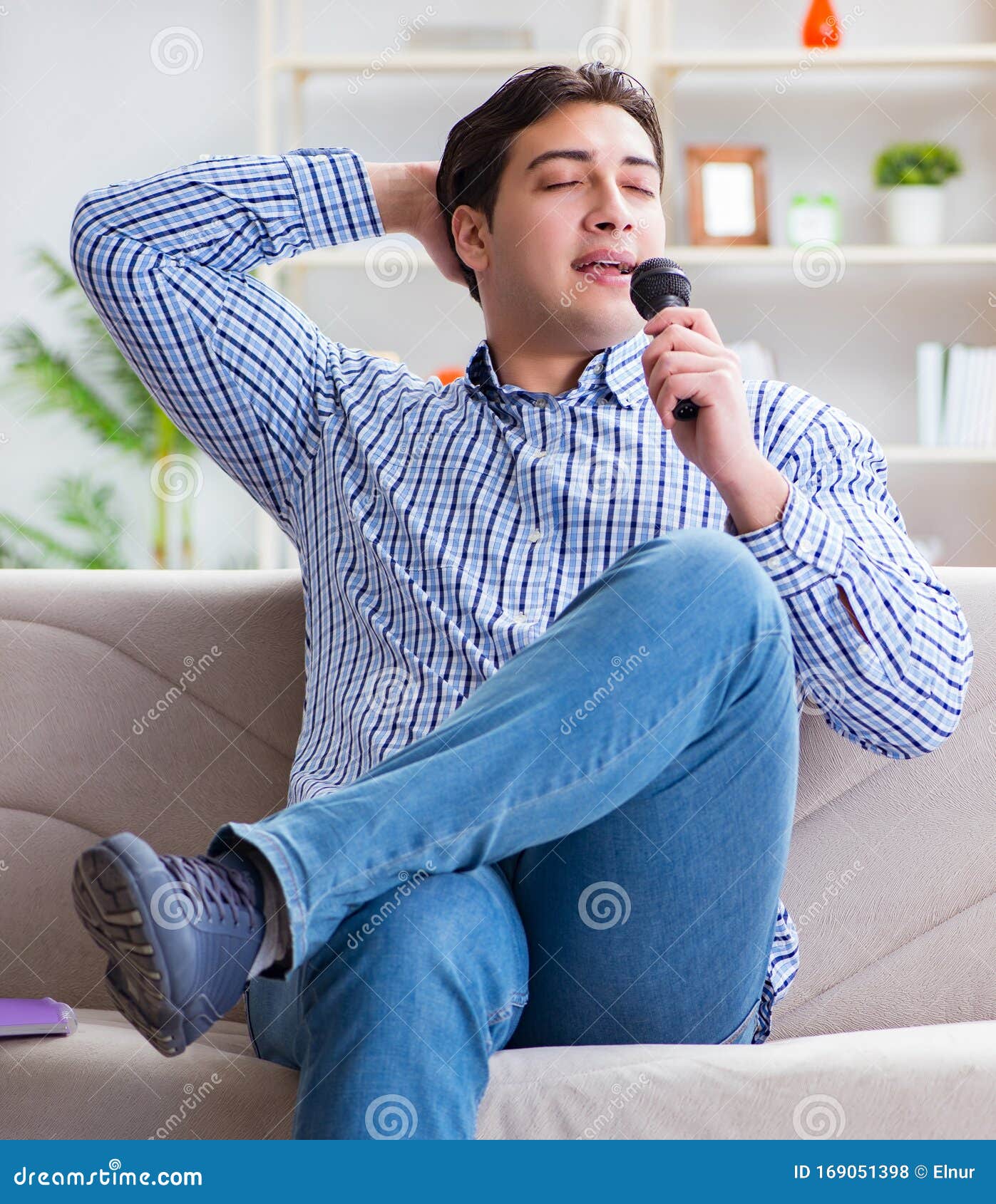 Funny Man Singing Songs in Karaoke at Home Stock Photo - Image of ...
