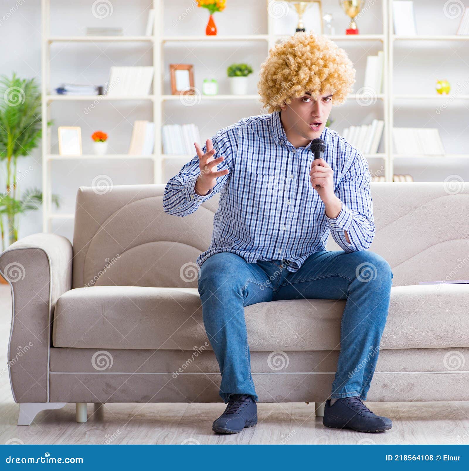 Funny Man Singing Songs in Karaoke at Home Stock Photo - Image of ...