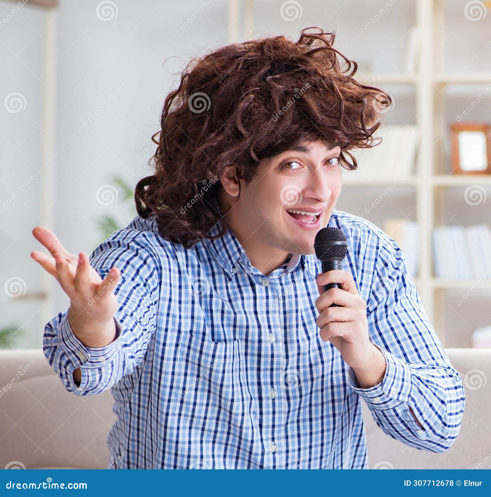 Funny Man Singing Songs in Karaoke at Home Stock Photo - Image of ...