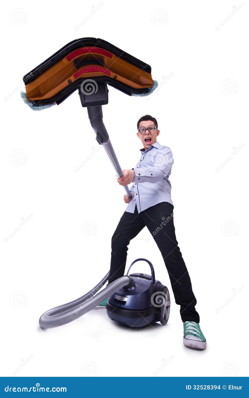 Funny Man with Vacuum Cleaner Stock Photo - Image of background ...
