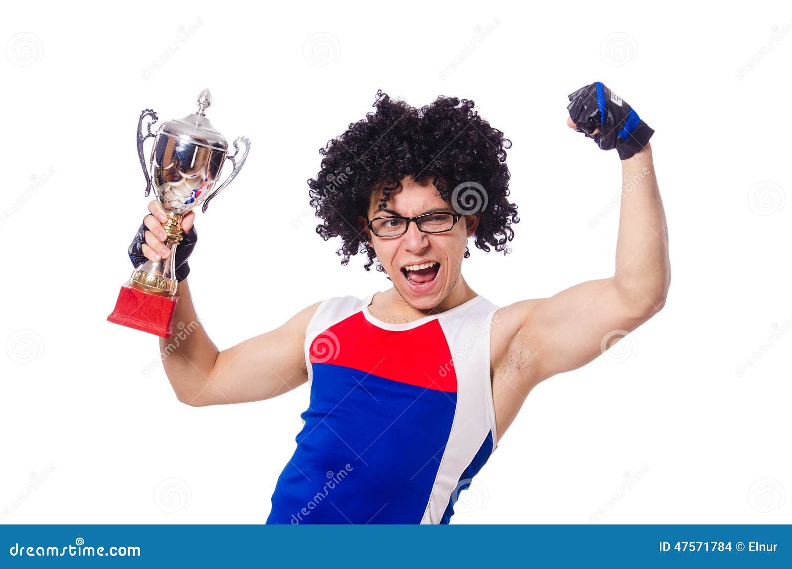 Funny Man after Winning Gold Cup Isolated Stock Photo - Image of afro ...