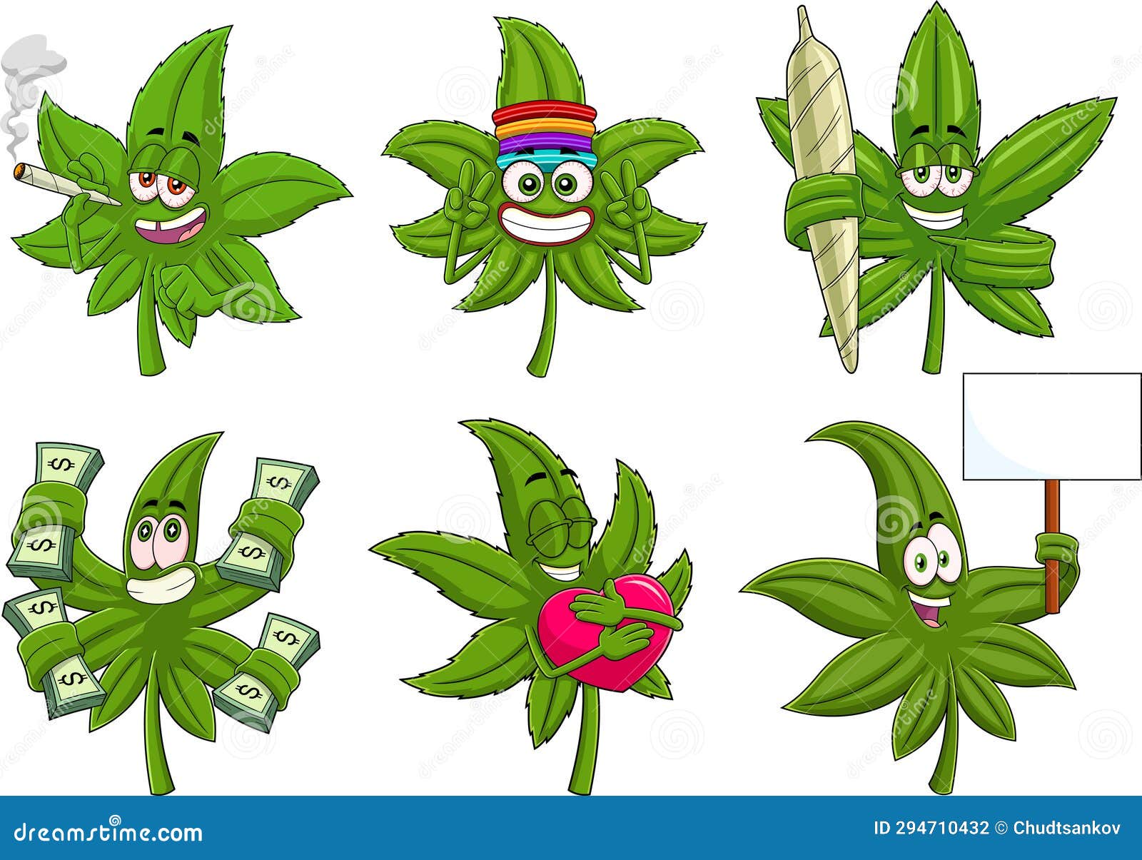 Funny Marijuana Leaf Cartoon Characters. Vector Hand Drawn Collection ...
