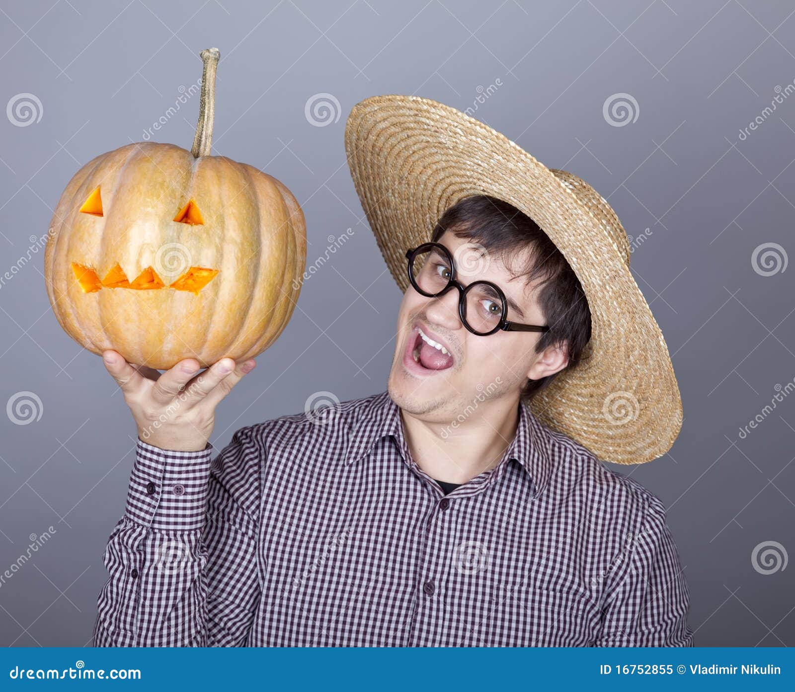 Funny Men Try To Eat a Pumpkin. Stock Image - Image of glasses, farmer ...