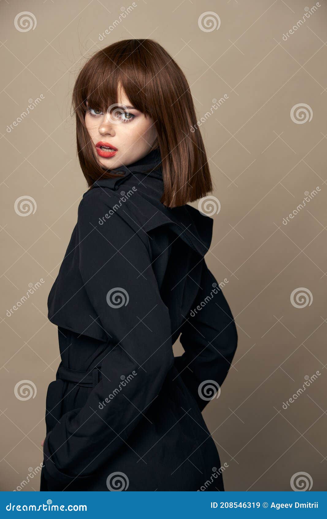 Funny Model Black Coat Smile Posing Indoors Stock Image - Image of ...