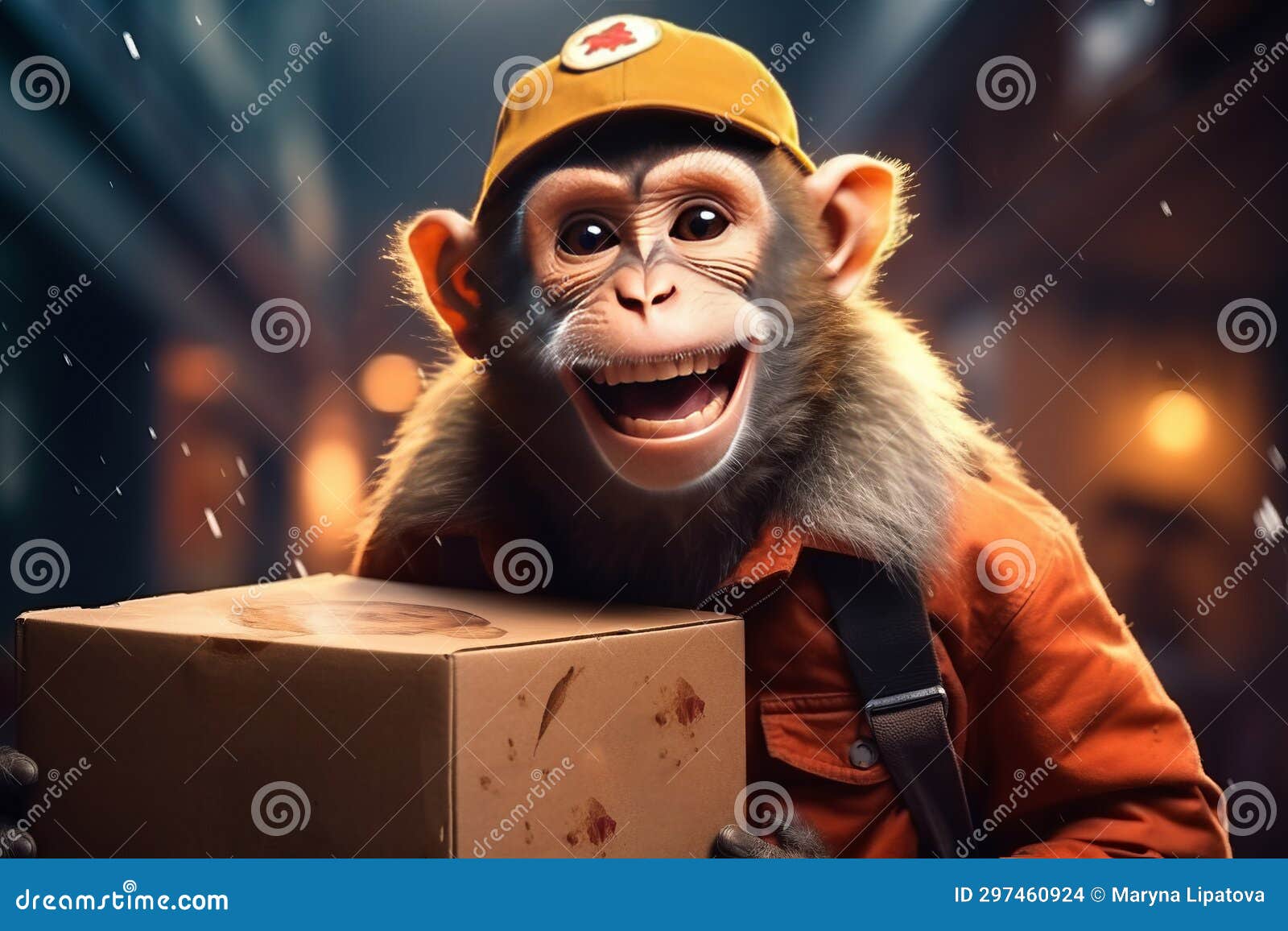 Funny Monkey with a Box in the City. New Year and Christmas Concept ...